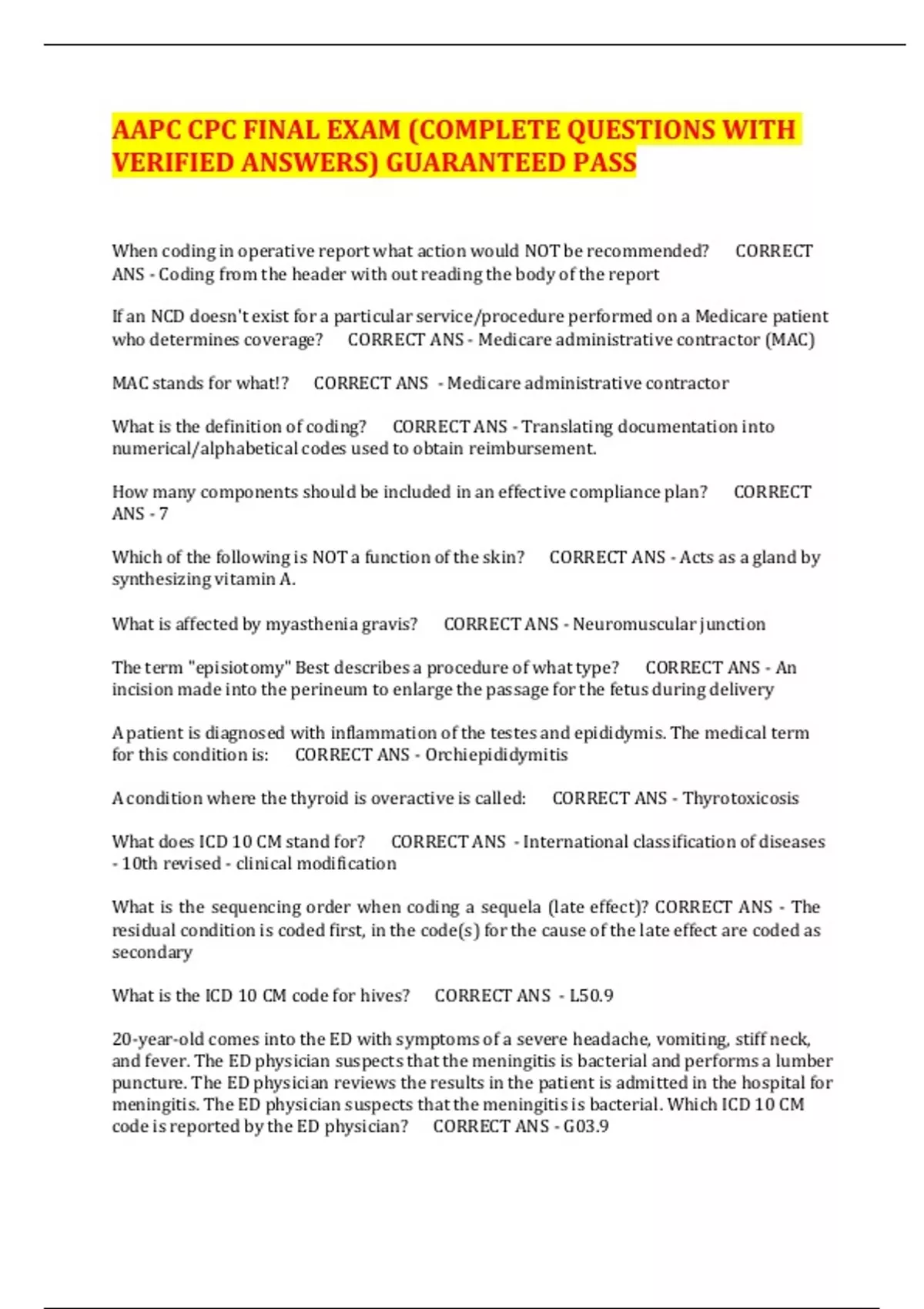 AAPC CPC FINAL EXAM (COMPLETE QUESTIONS WITH VERIFIED ANSWERS) GUARANTEED PASS - AAPC CPC ...