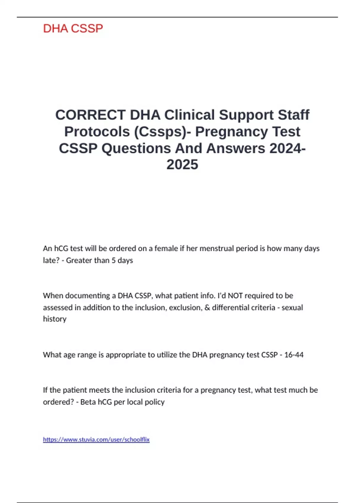 CORRECT DHA Clinical Support Staff Protocols (Cssps)- Pregnancy Test ...