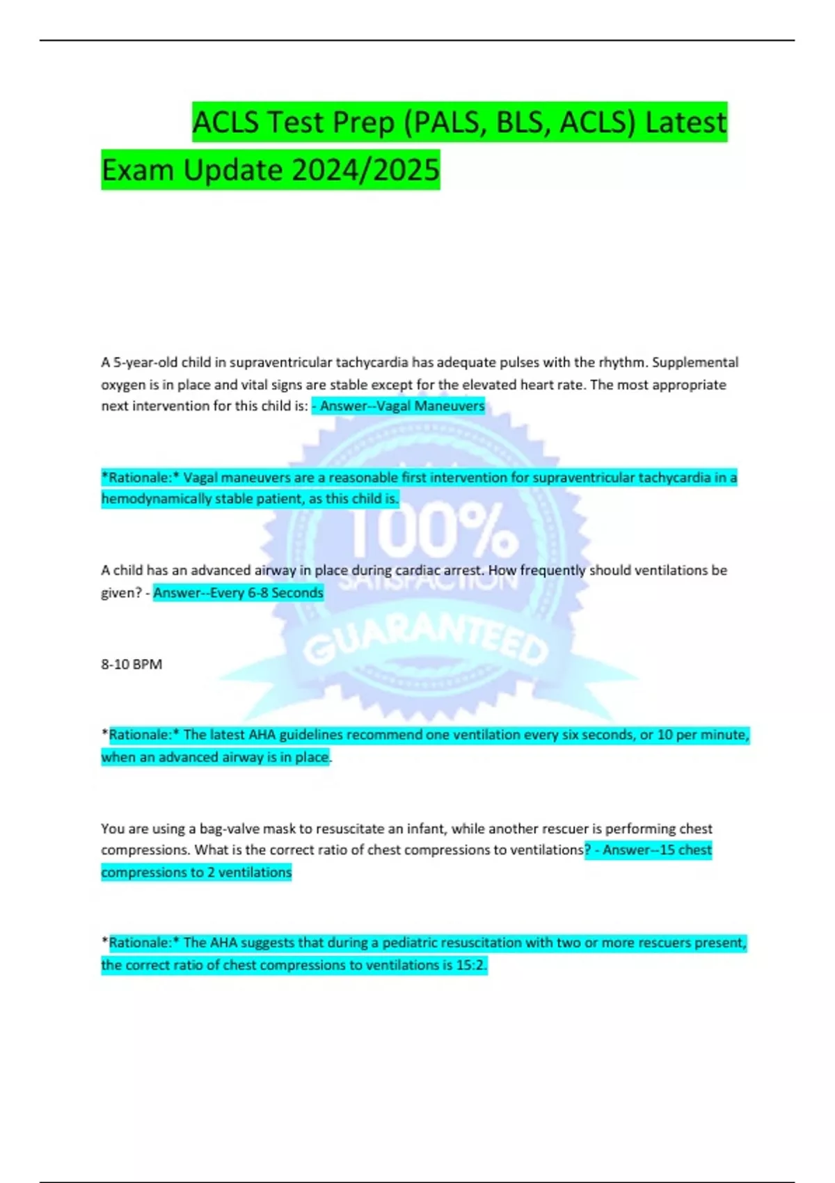 ACLS Test Prep (PALS, BLS, ACLS) Latest Exam Update 2024/2025 A 5-year ...