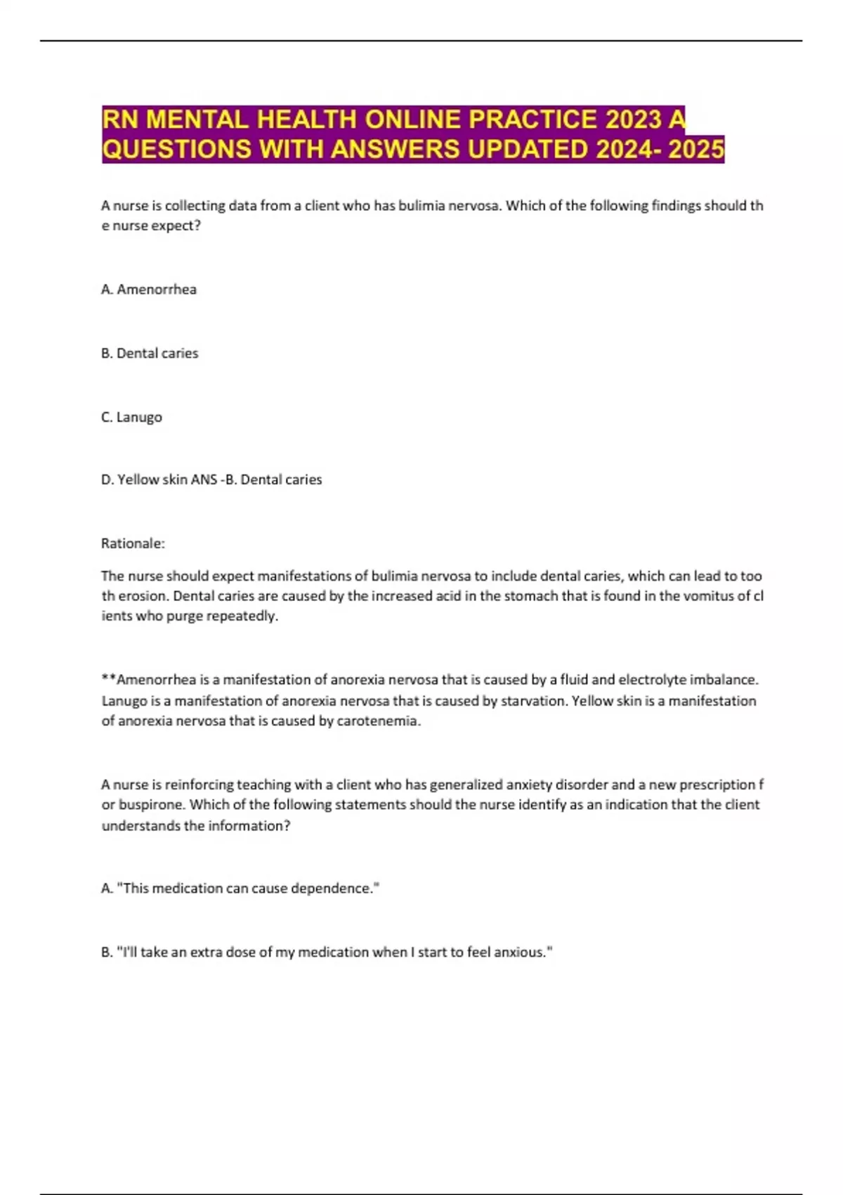 RN MENTAL HEALTH ONLINE PRACTICE 2023 A QUESTIONS WITH ANSWERS UPDATED ...