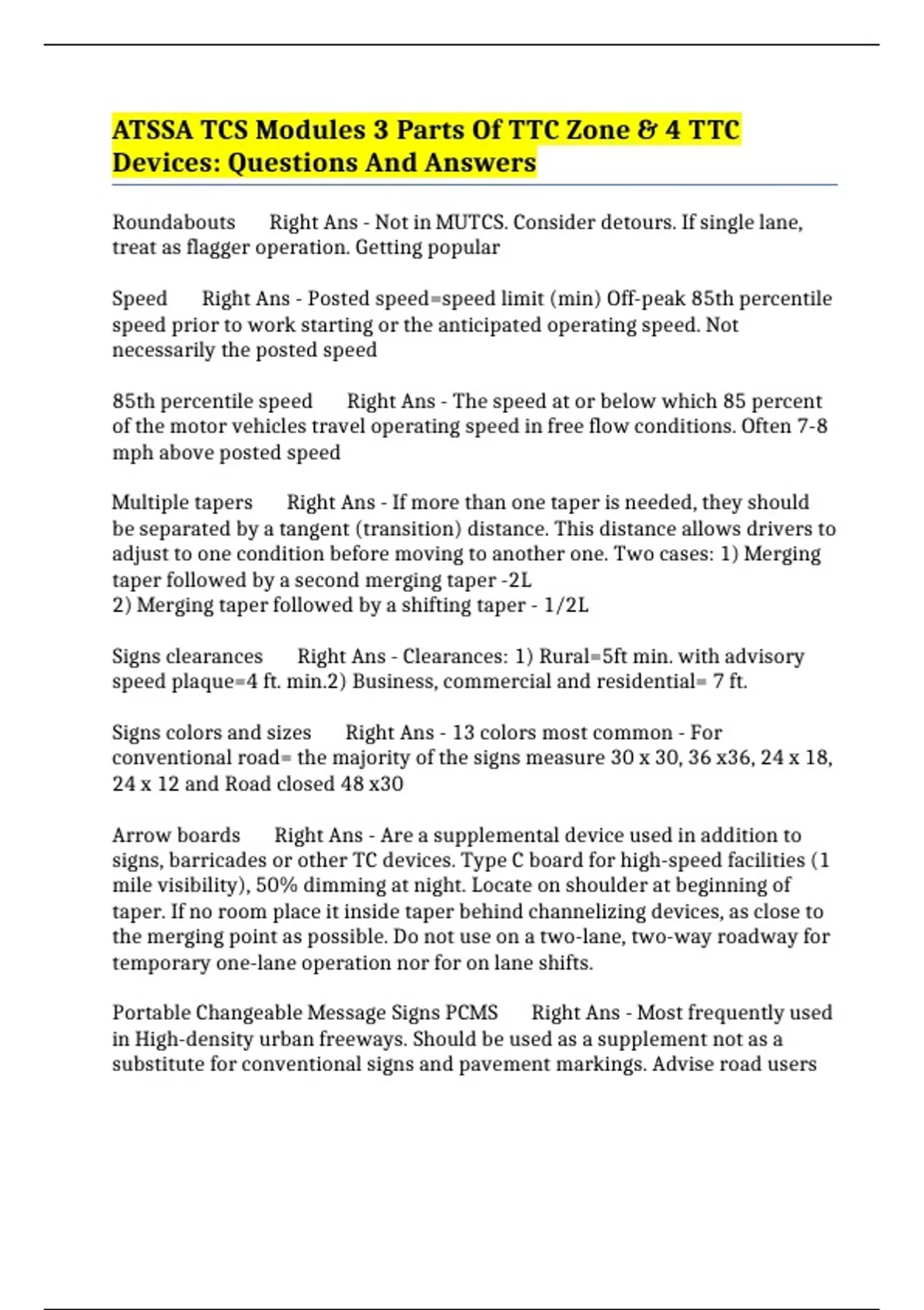 ATSSA TCS Modules 3 Parts Of TTC Zone & 4 TTC Devices: Questions And ...