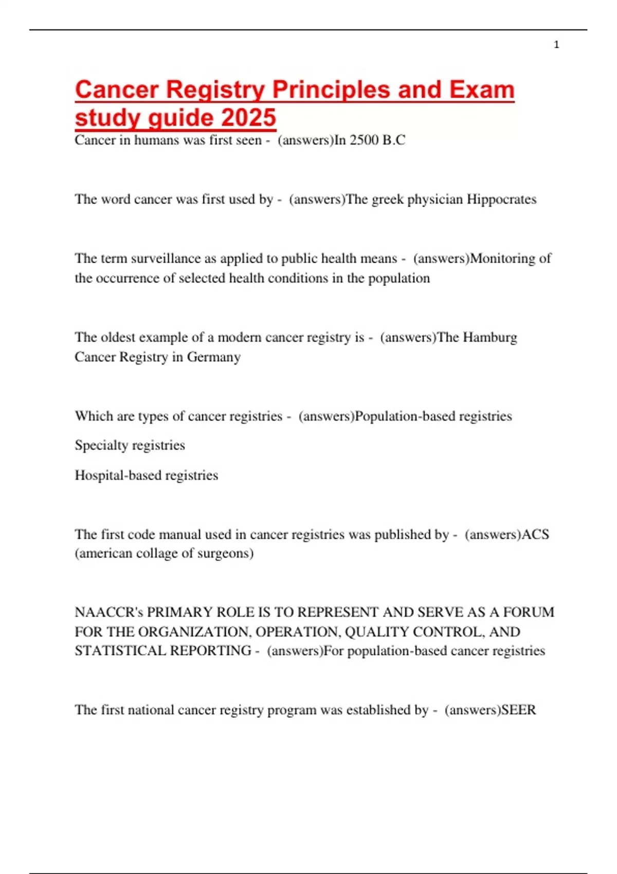 Cancer Registry Principles and Exam study guide 2025 - Cancer Registry ...