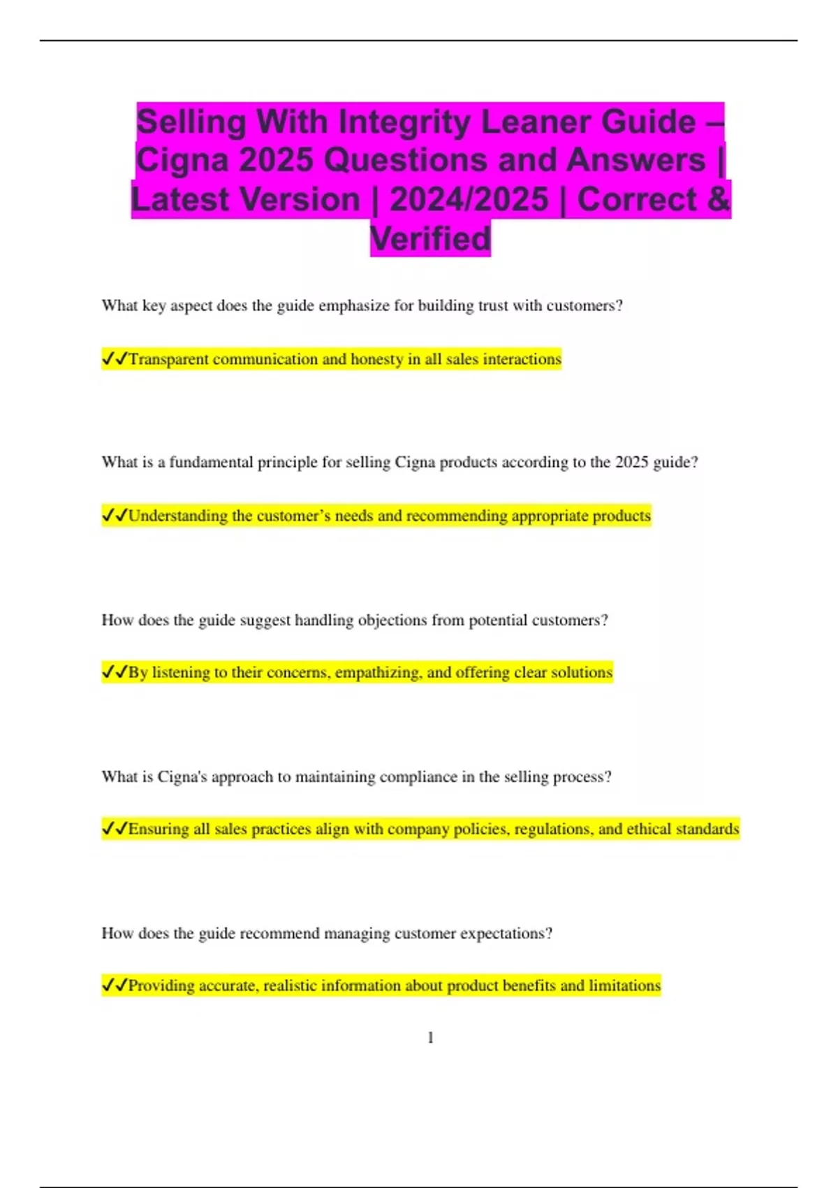 Selling With Integrity Leaner Guide – Cigna 2025 Questions and Answers ...