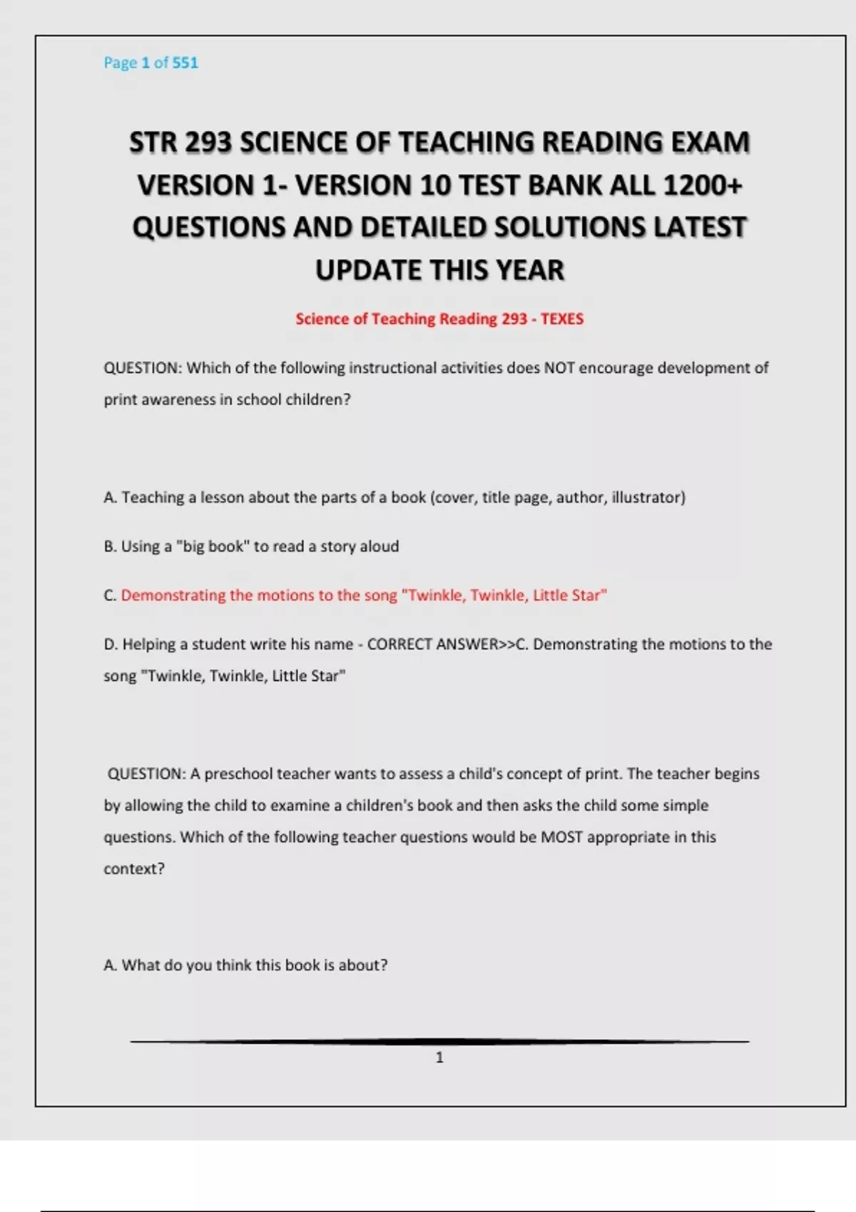 STR 293 SCIENCE OF TEACHING READING EXAM VERSION 1- VERSION 10 TEST ...