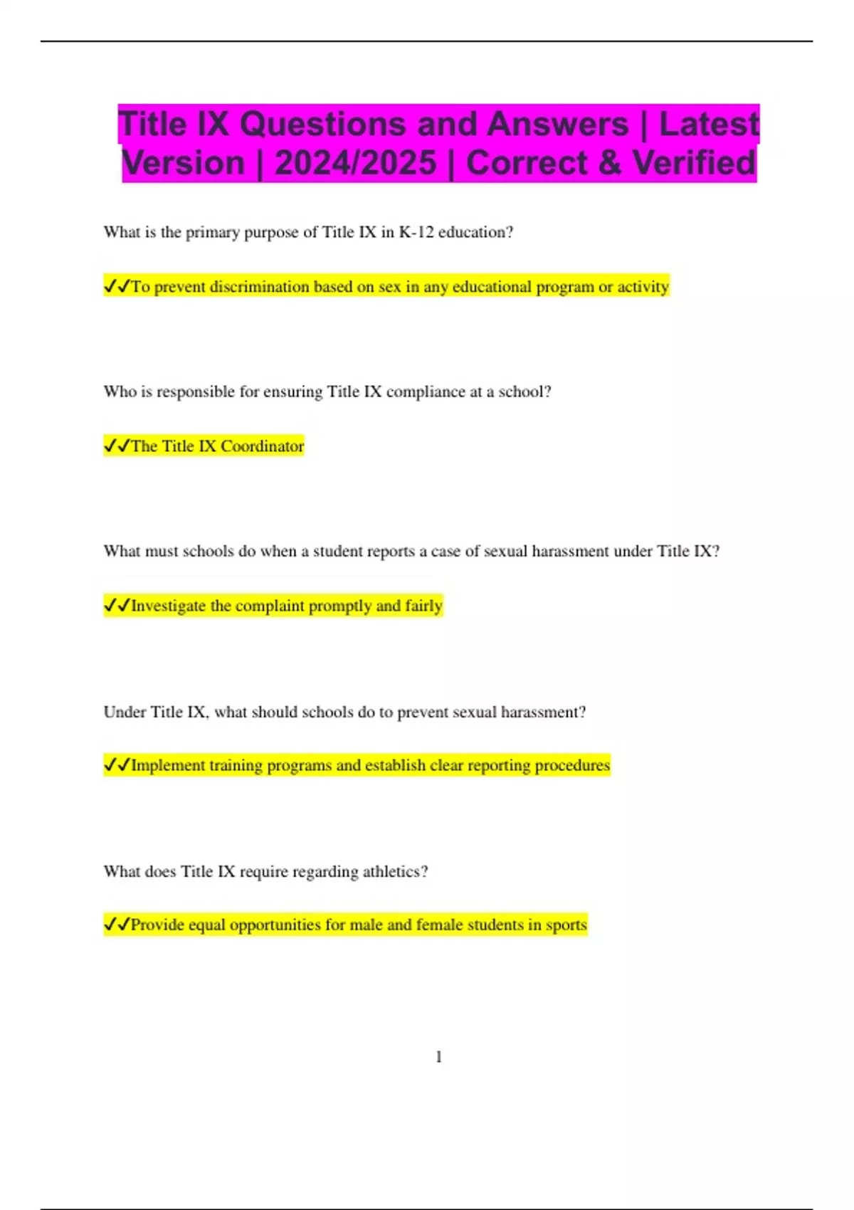 Title IX Questions and Answers | Latest Version | 2024/2025 | Correct ...