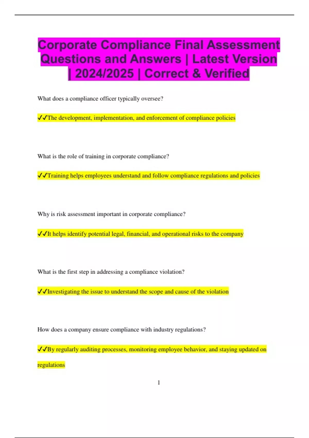 Corporate Compliance Final Assessment Questions and Answers | Latest ...