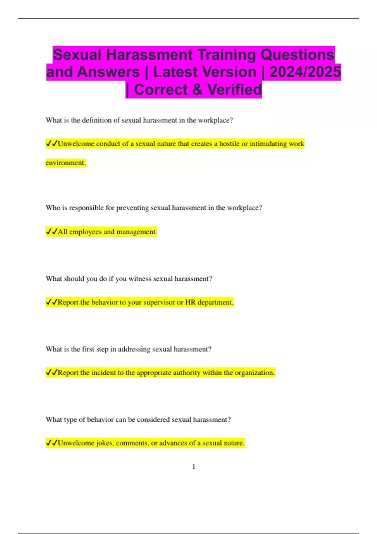 Sexual Harassment Training Questions and Answers | Latest Version ...