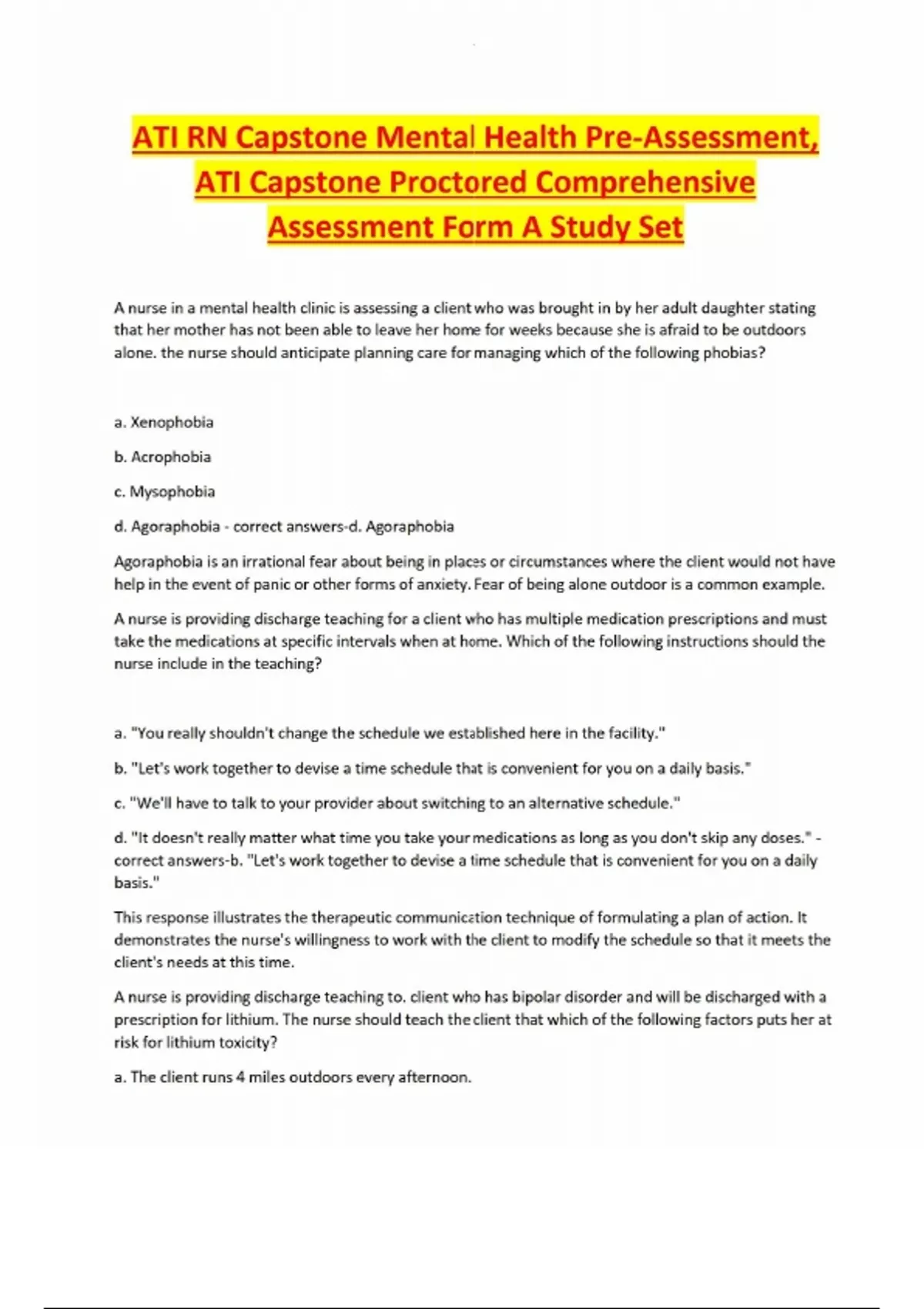 ATI RN Capstone Mental Health Pre-Assessment, ATI Capstone Proctored ...