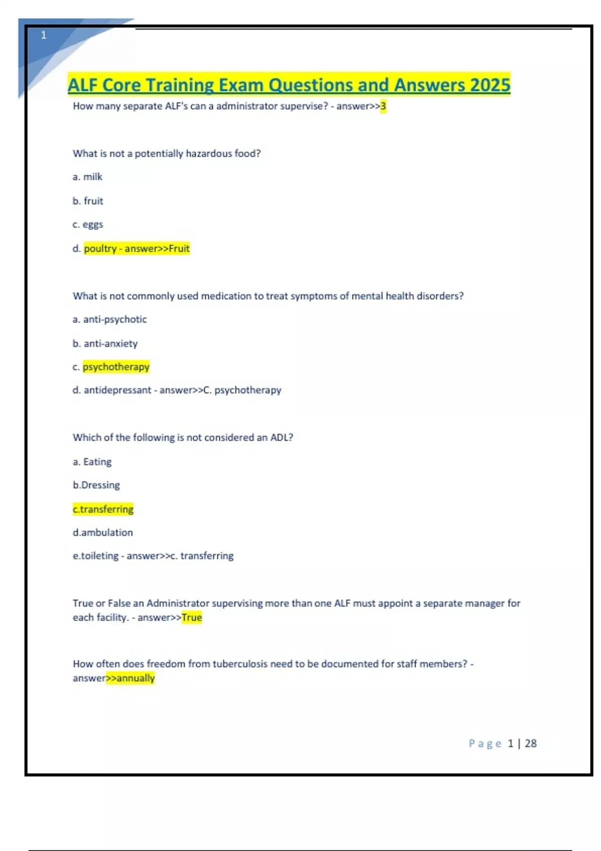 ALF Core Training Exam Questions and Answers 2025 - Alf core - Stuvia US