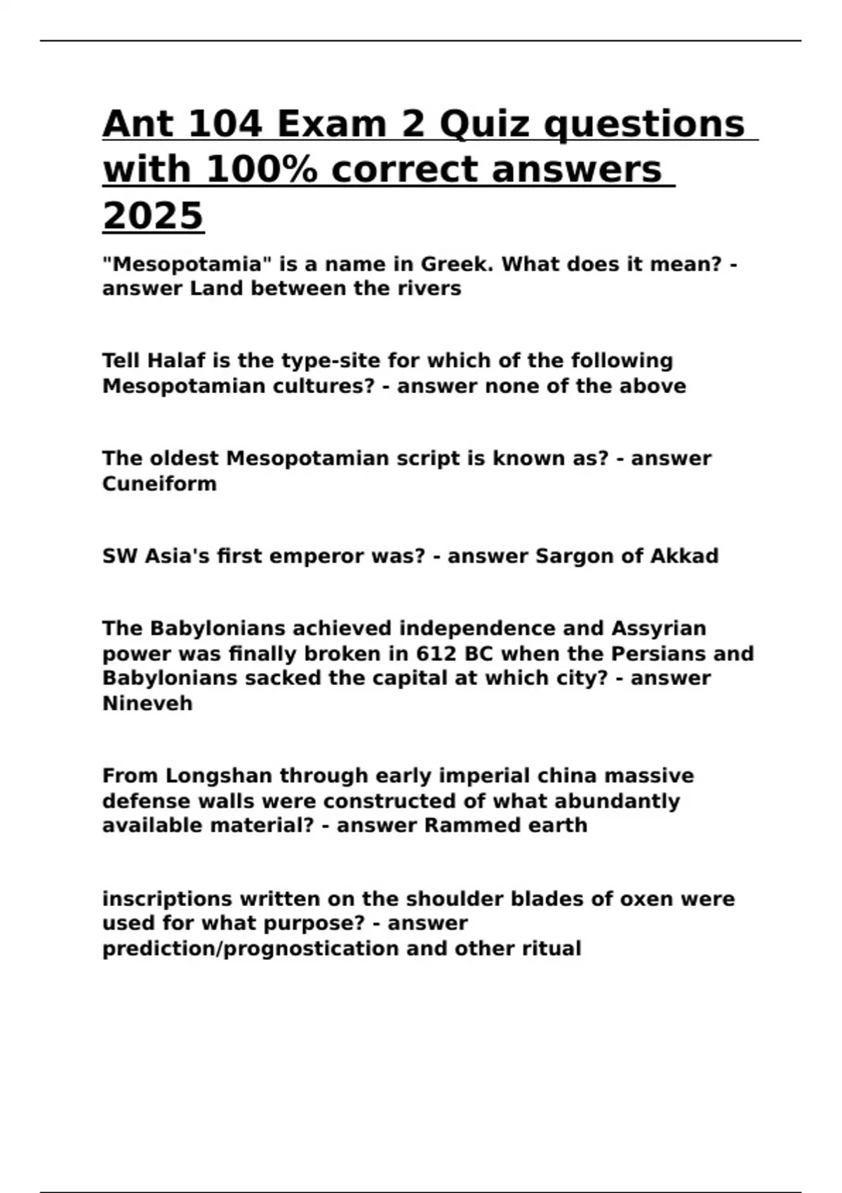 Ant 104 Exam 2 Quiz questions with 100- correct answers 2025. - ANT 104 ...