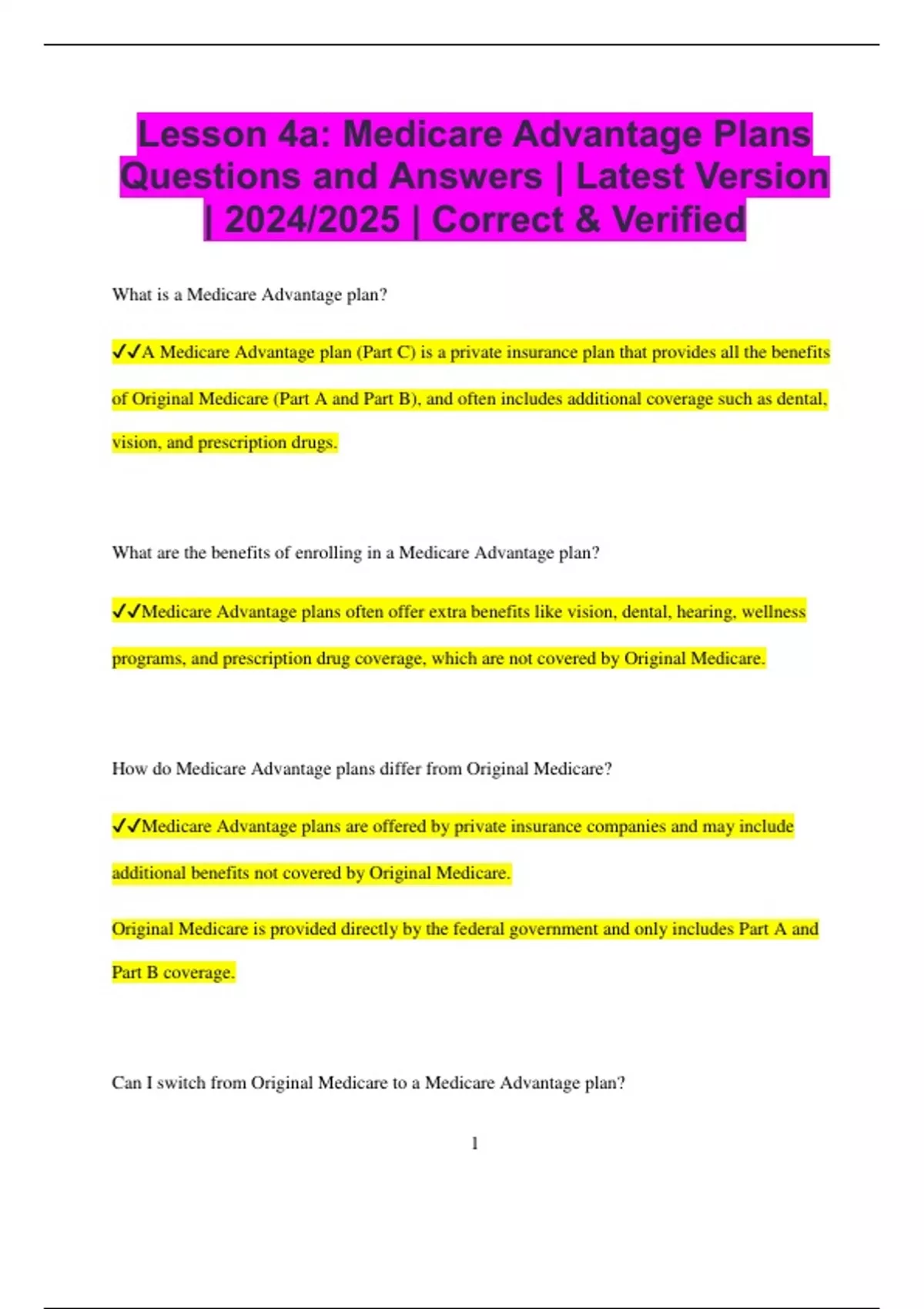 Lesson 4a: Medicare Advantage Plans Questions and Answers | Latest ...