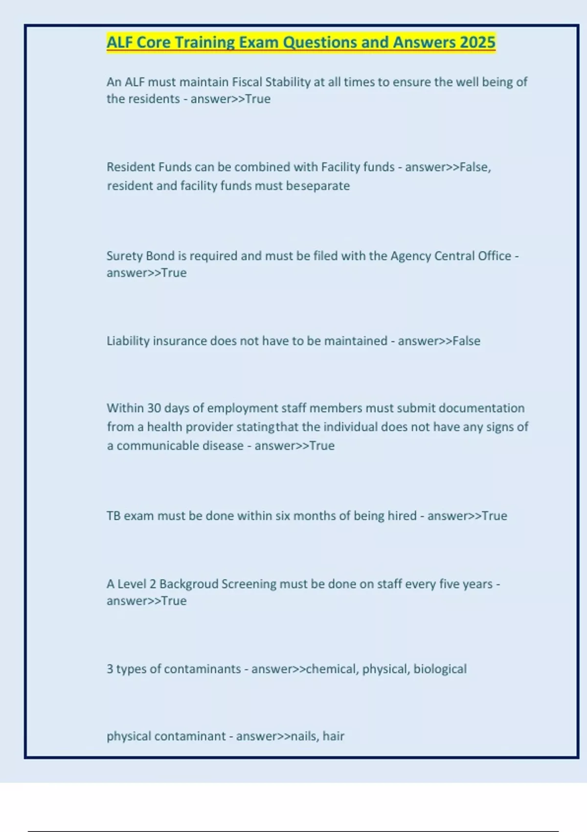 ALF Core Training Exam Questions and Answers 2025. - ALF Core - Stuvia US