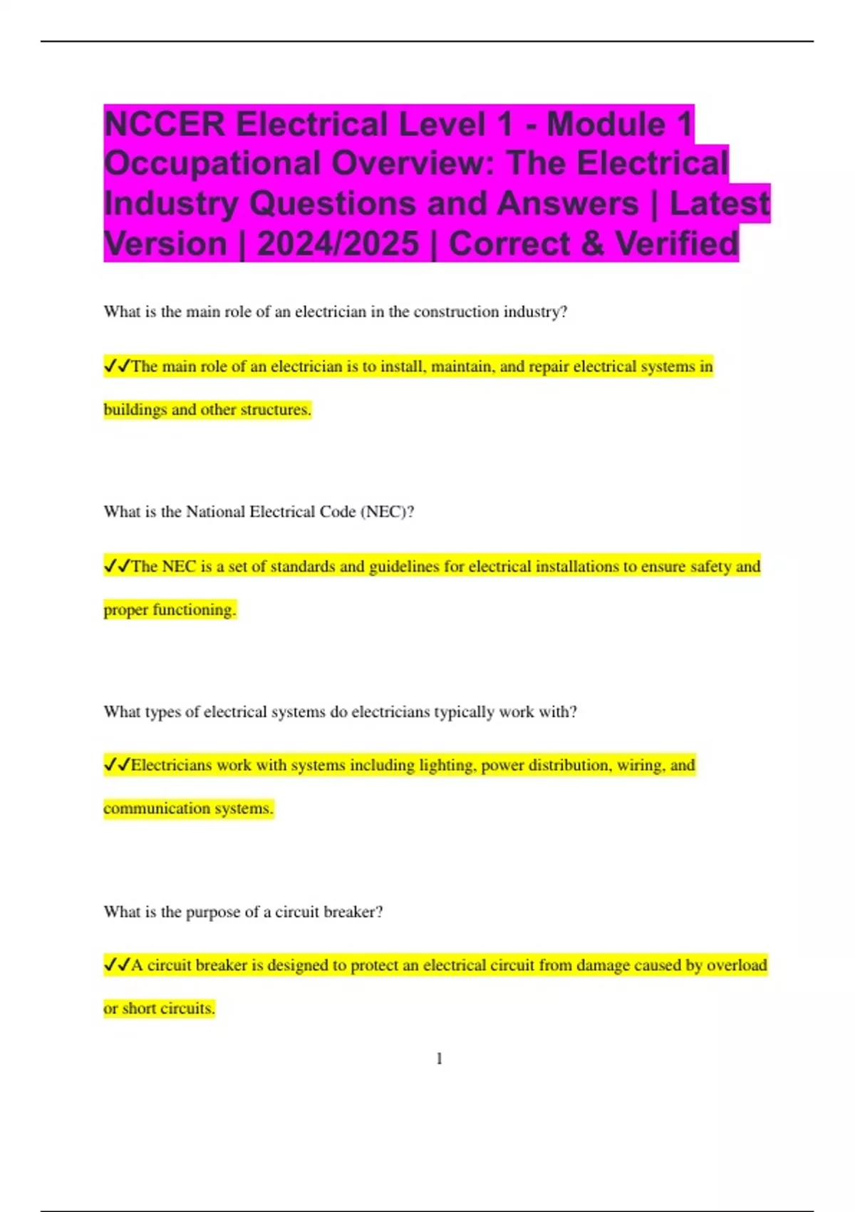 NCCER Electrical Level 1 Bundled Exams Questions and Answers Multiple ...