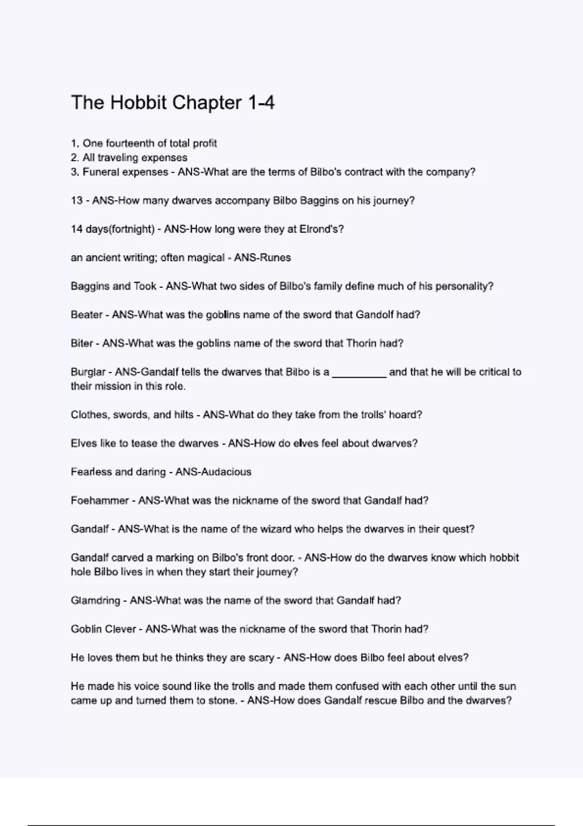 The Hobbit Chapter 1-4 Exam (Latest Update 2024 / 2025) Questions and ...