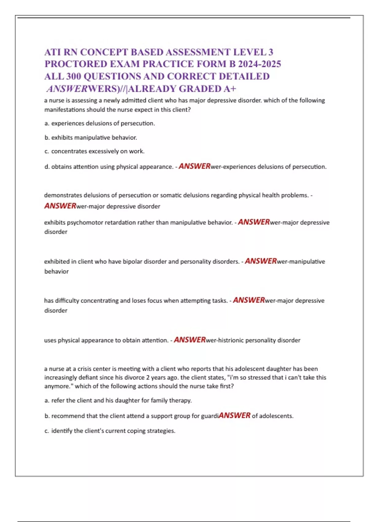 ATI RN CONCEPT BASED ASSESSMENT LEVEL 3 PROCTORED EXAM PRACTICE FORM B ...