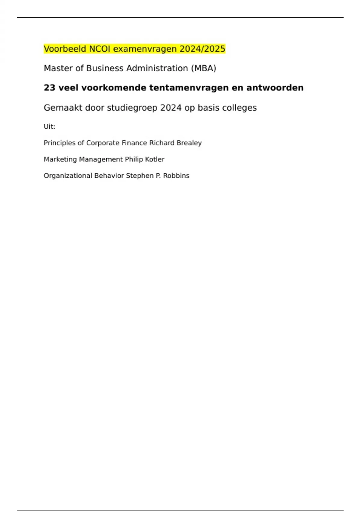Examenvragen NCOI MBA master business administration 2024/ veel ...