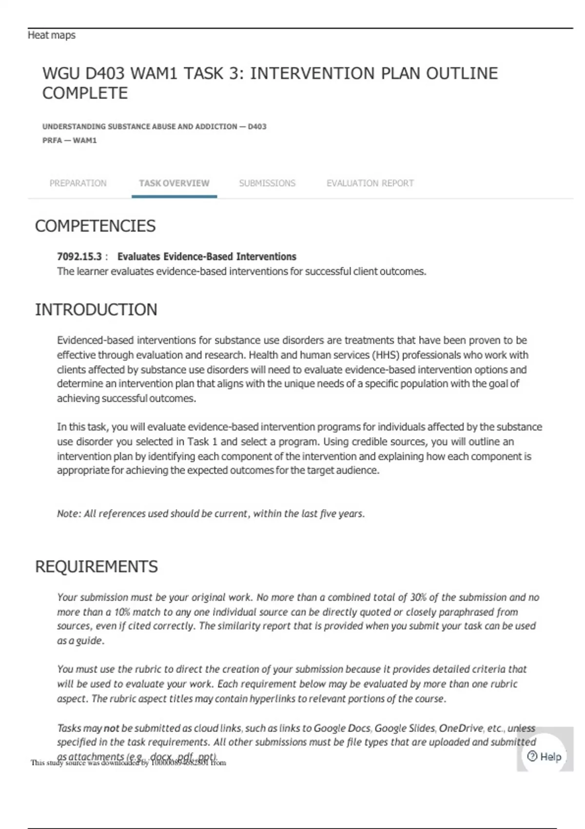 WGU D403 WAM1 TASK 3: INTERVENTION PLAN OUTLINE COMPLETE - D403 - Stuvia US