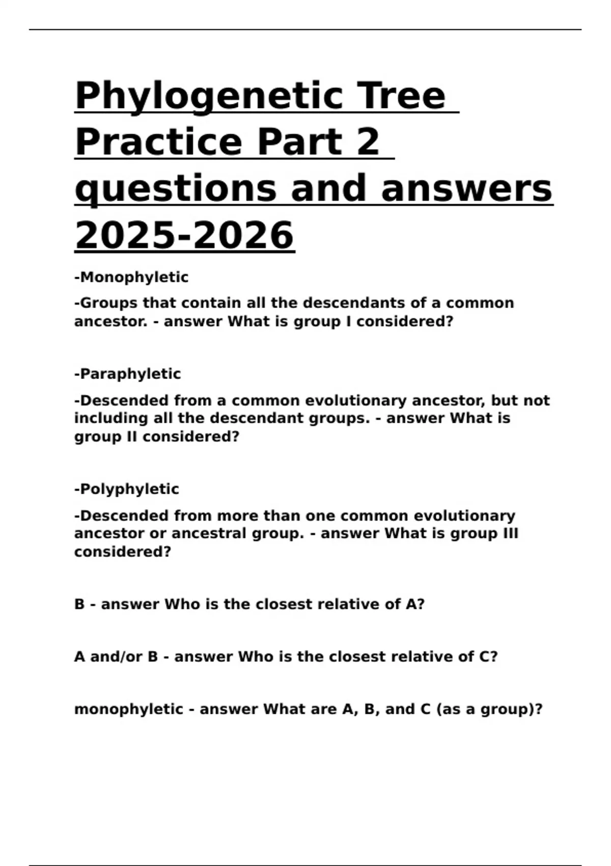 Phylogenetic Tree Practice Part 2 questions and answers - Phylogenetic Trees - Stuvia US