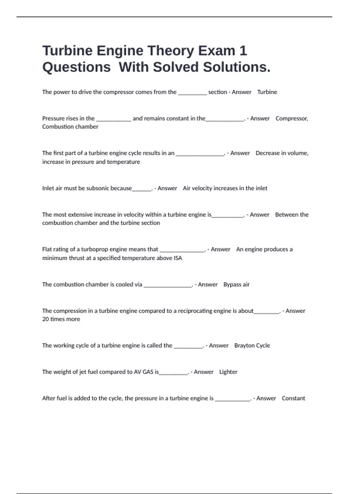 Turbine Engine Theory Exam 1 Questions With Solved Solutions. - Turbine Engines - Stuvia US