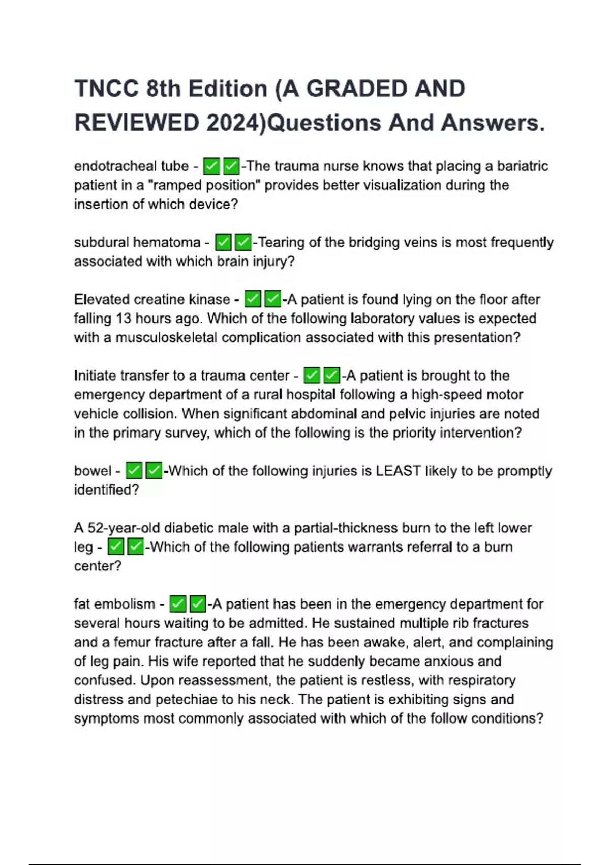 TNCC 8th Edition Exam (Latest Update 2024 / 2025) Questions and Answers ...