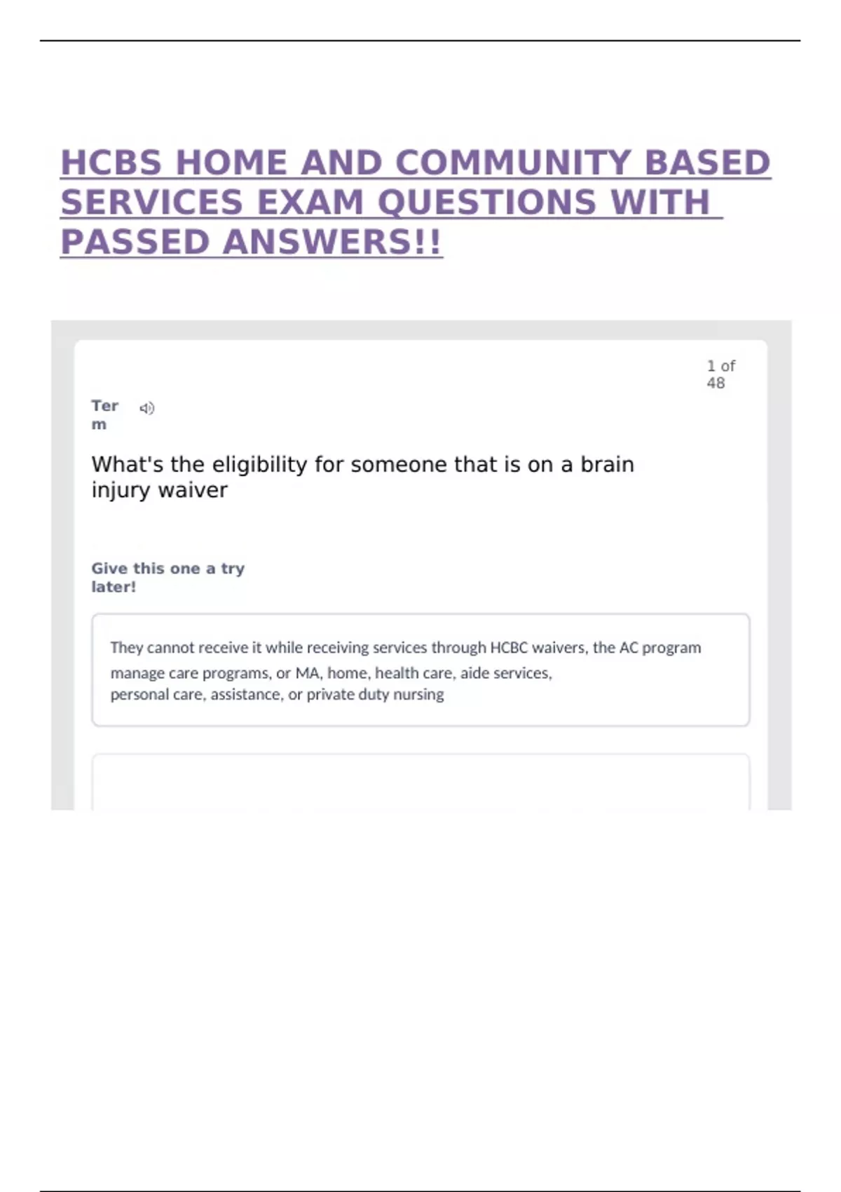 HCBS HOME AND COMMUNITY BASED SERVICES EXAM QUESTIONS WITH PASSED ...
