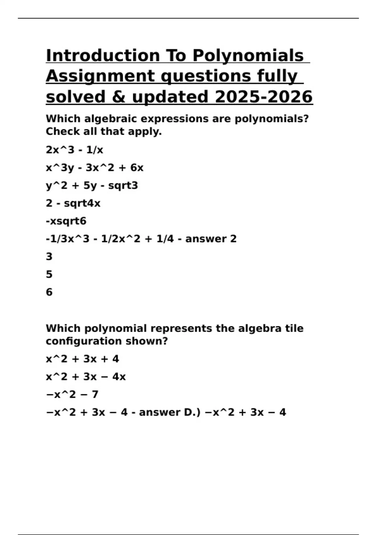 Introduction To Polynomials Assignment questions fully solved & updated - Introduction to ...