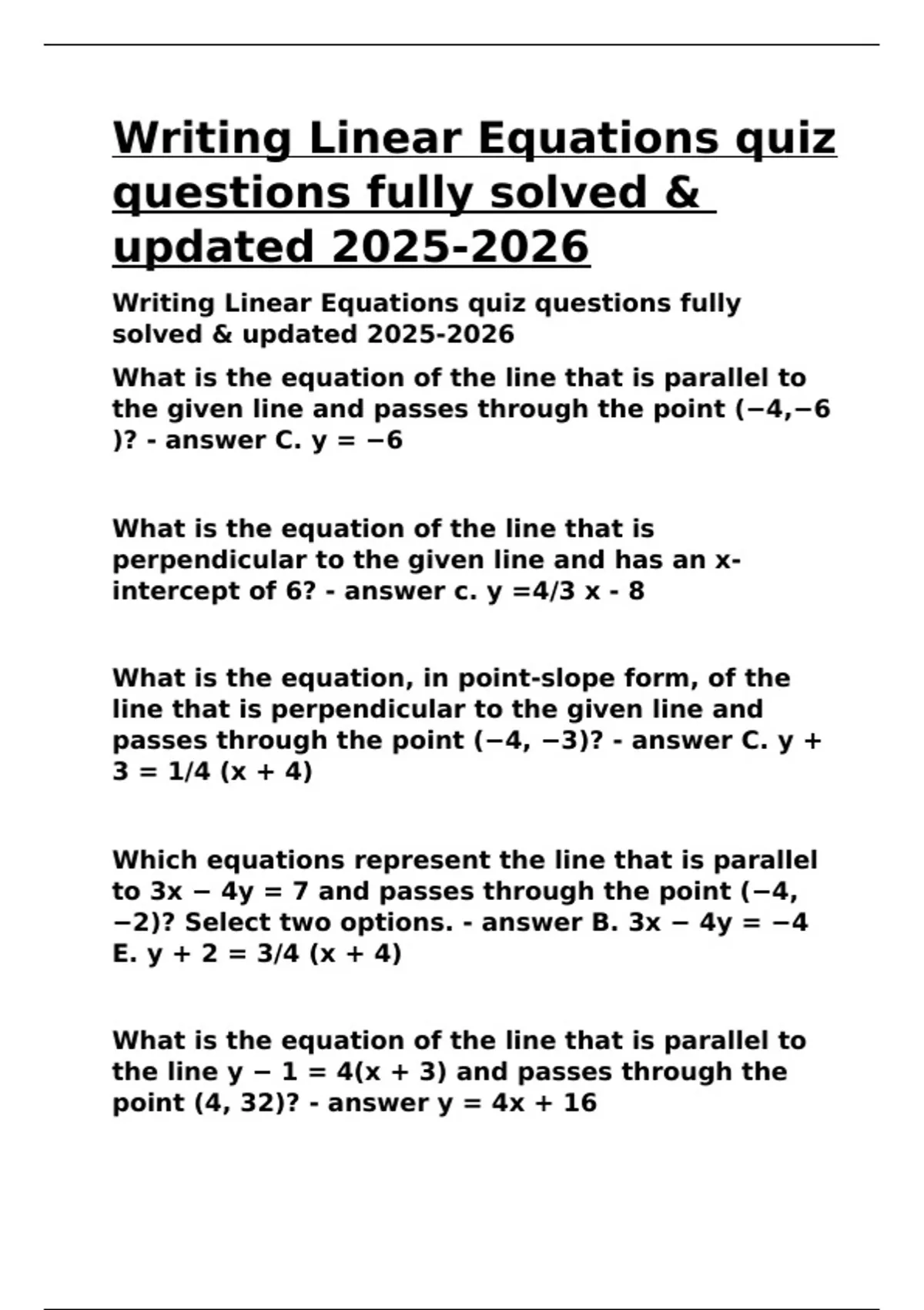 Writing Linear Equations quiz questions fully solved & updated ...