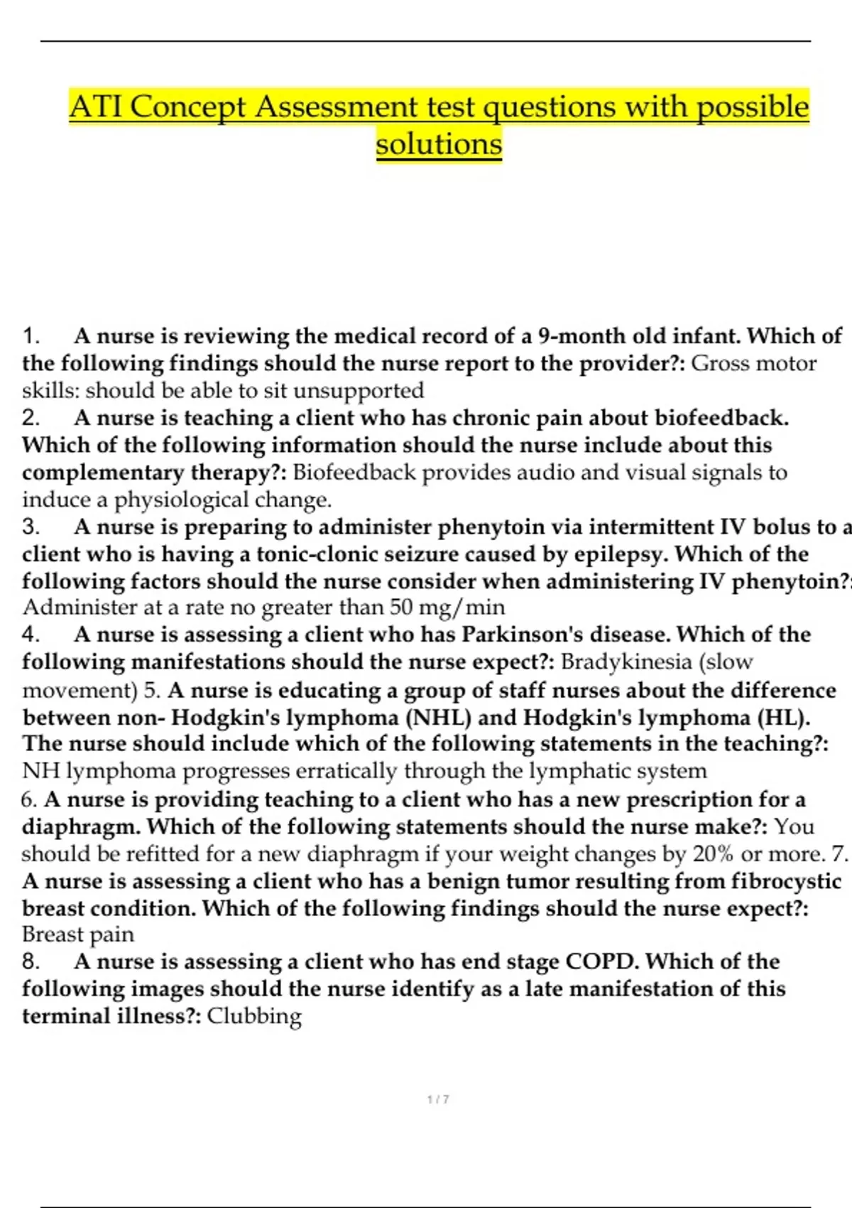 ATI Concept Assessment test questions with possible solutions - Ati Rn ...