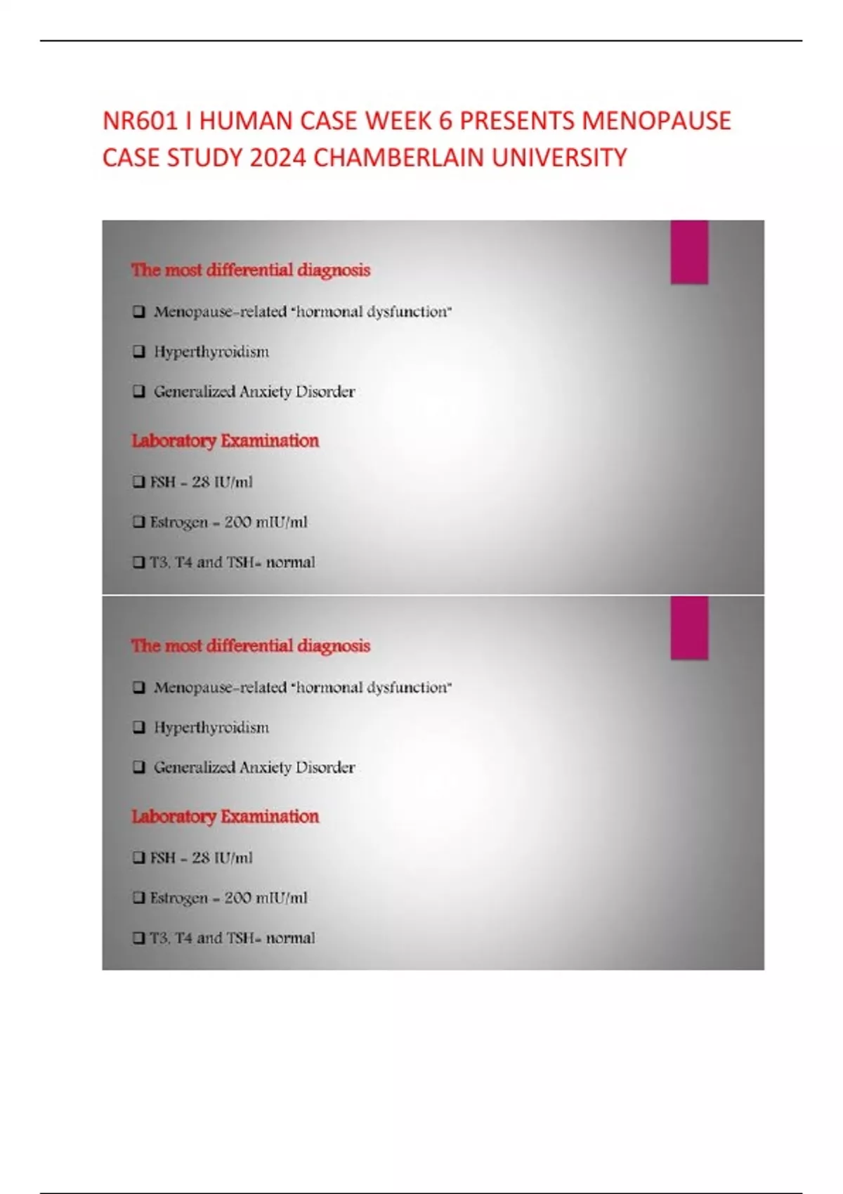 NR601 I HUMAN CASE WEEK 6 PRESENTS MENOPAUSE CASE STUDY 2024 ...
