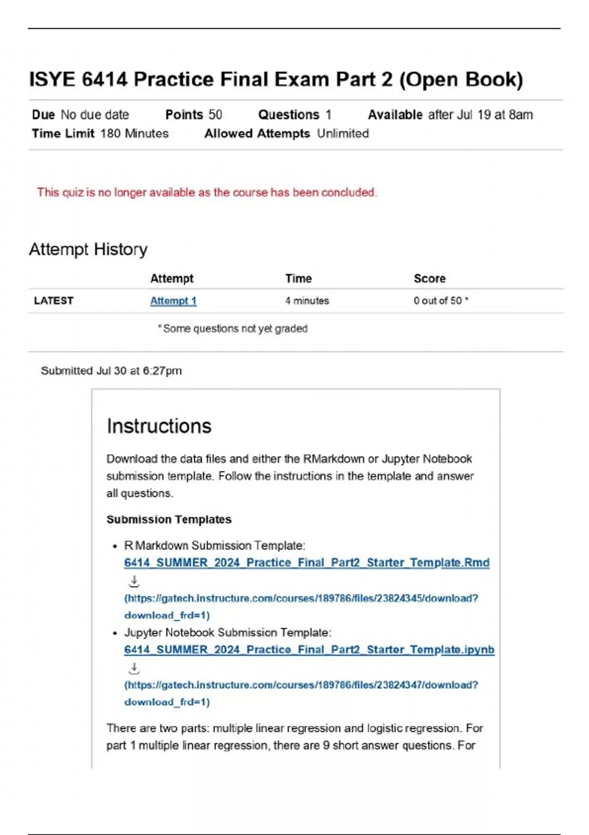 ISYE 6414 Practice Final Exam Part 2 (Open Book)|Questions and Answers 2024 with complete ...
