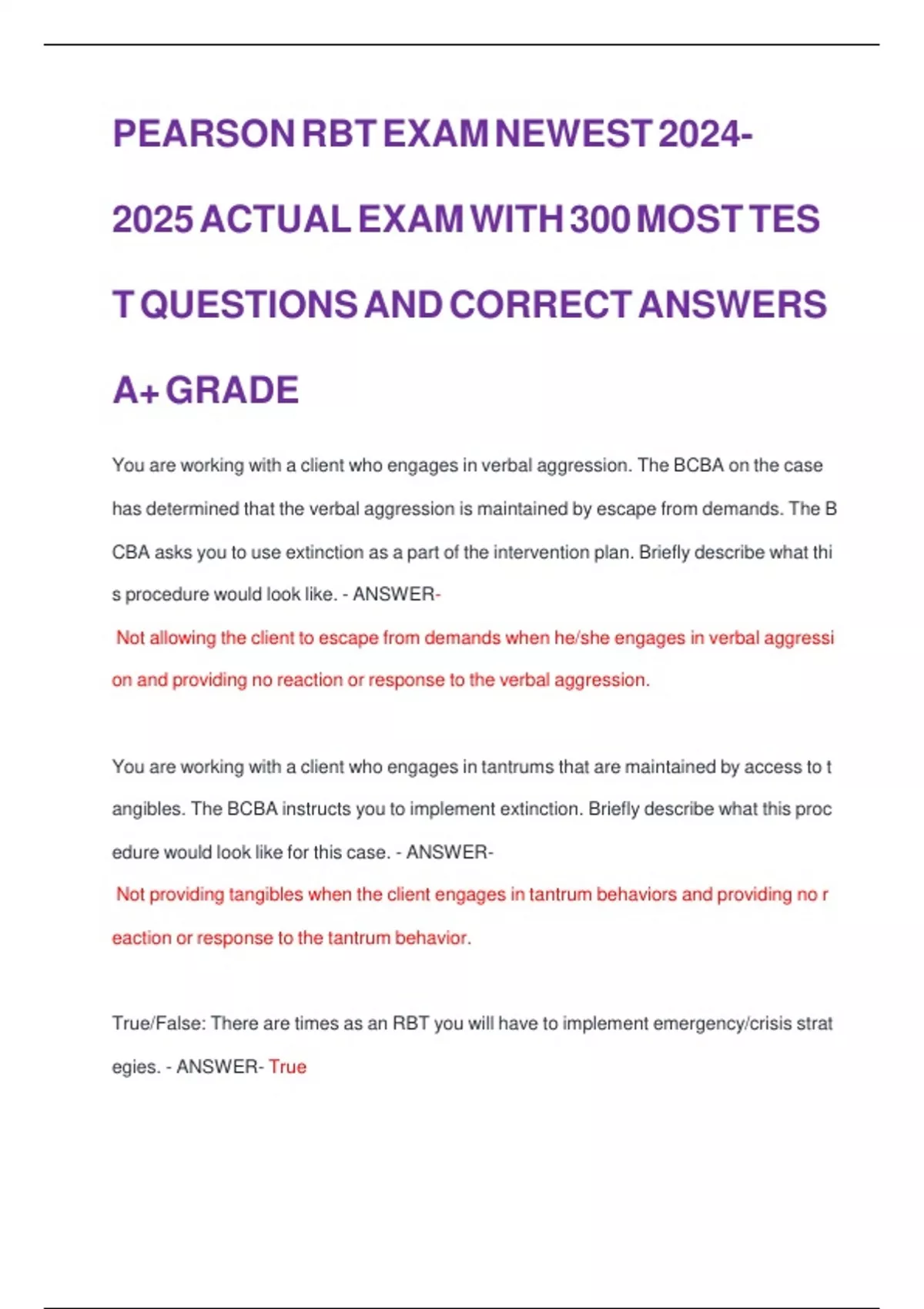 PEARSON RBT EXAM NEWEST ACTUAL EXAM WITH 300 MOST TEST QUESTIONS AND ...