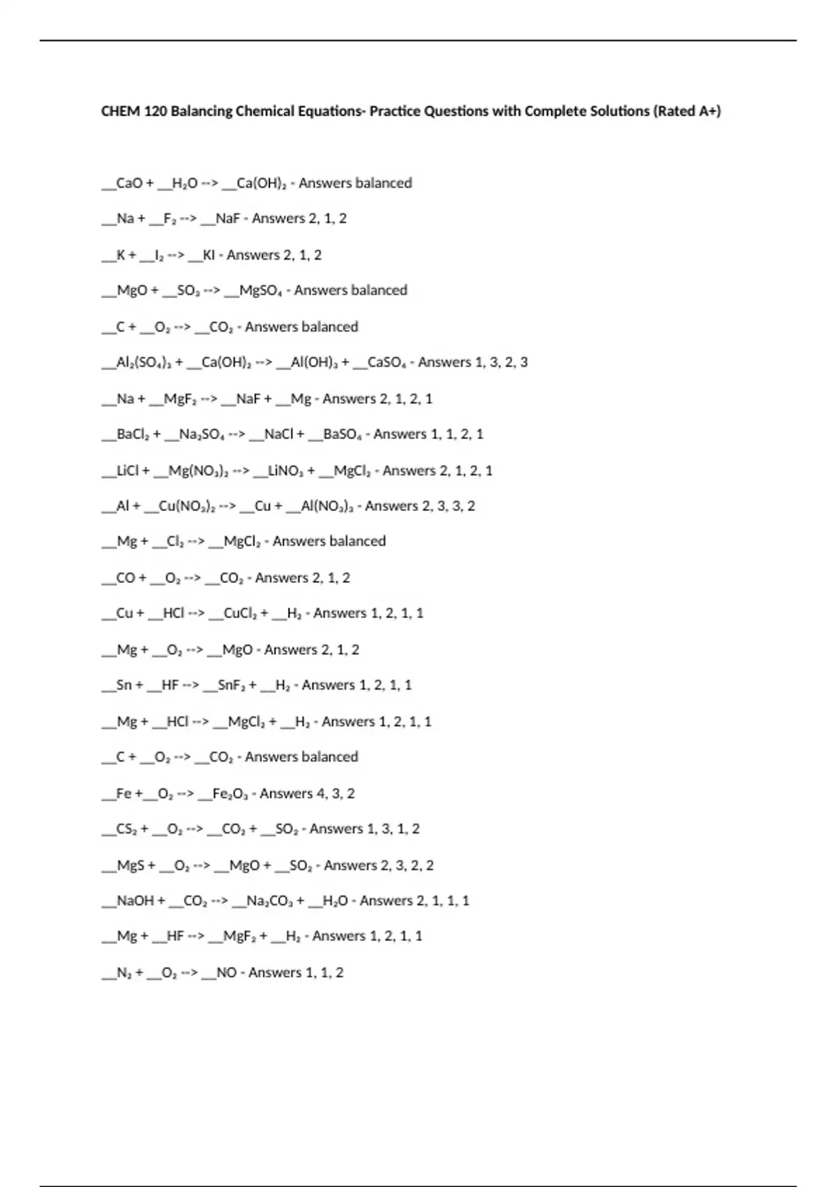 CHEM 120 Balancing Chemical Equations- Practice Questions with Complete ...