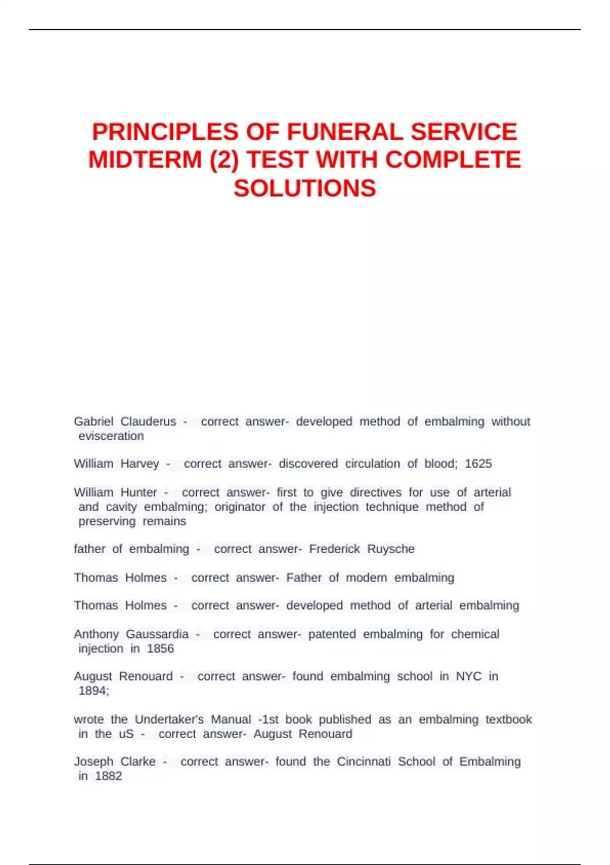 PRINCIPLES OF FUNERAL SERVICE MIDTERM (2) TEST WITH COMPLETE SOLUTIONS ...