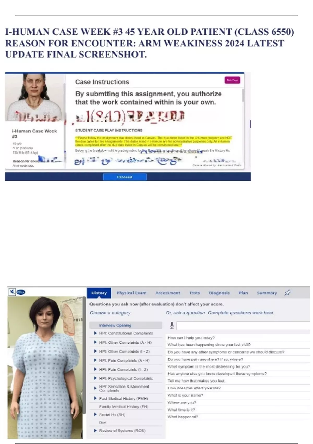 I-HUMAN CASE WEEK #3 45 YEAR OLD PATIENT (CLASS 6550) REASON FOR ...
