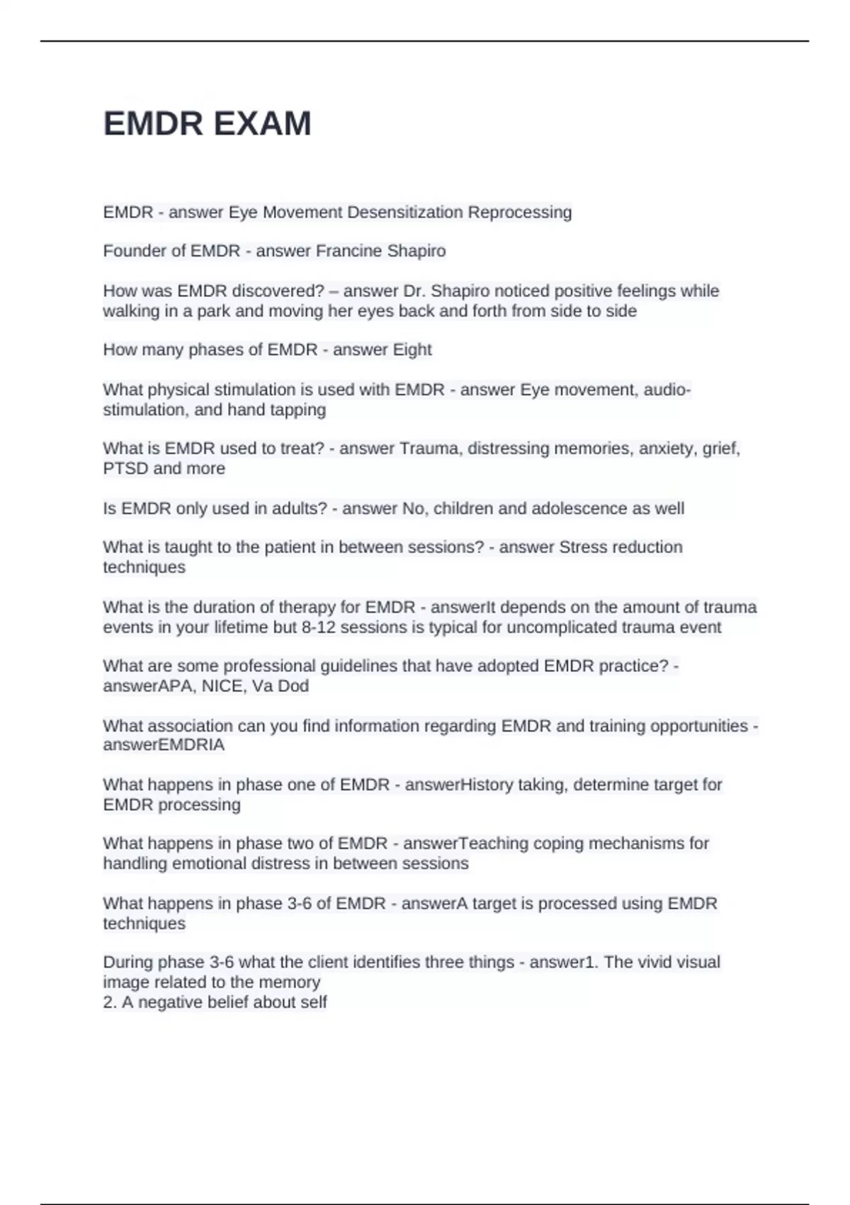 EMDR EXAM QUESTIONS AND ANSWERS 2024 - EMDR - Stuvia US