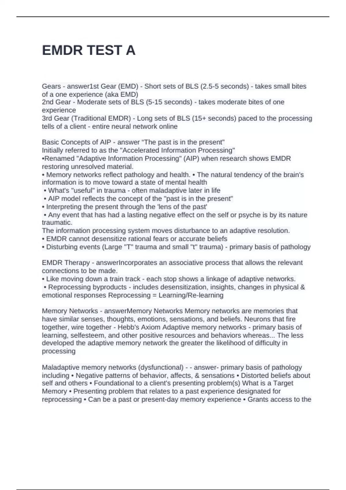EMDR TEST A QUESTIONS AND ANSWERS 100% CORRECT - EMDR - Stuvia US