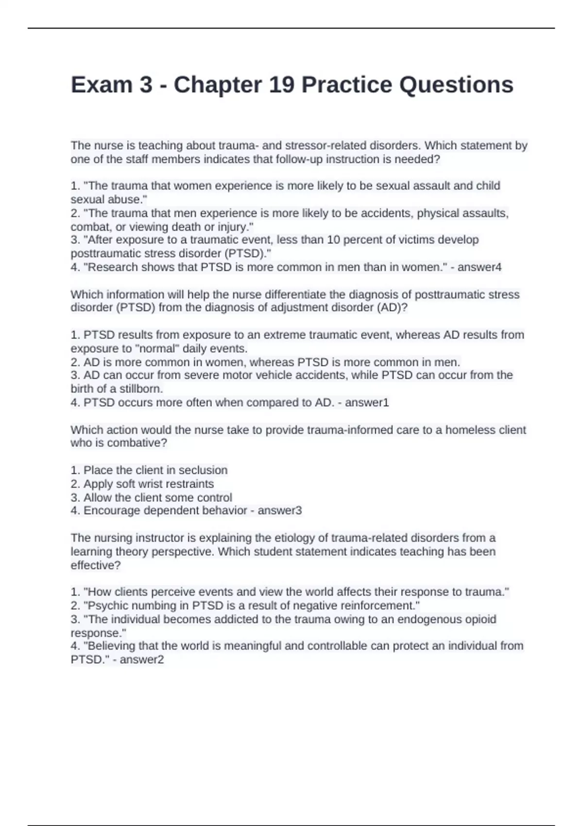 Exam 3 - Chapter 19 Practice Questions with Solutions 2024 - EMDR - Stuvia US