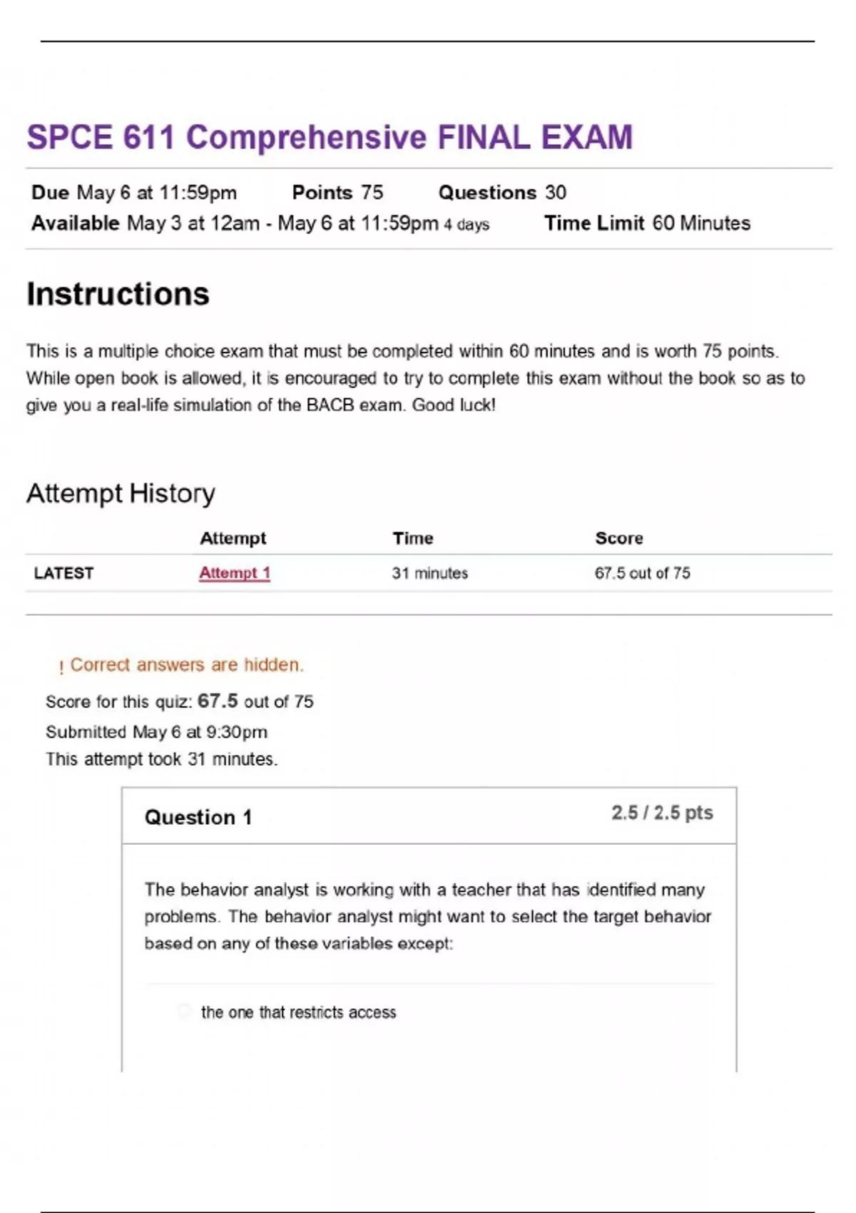 SPCE 611 Comprehensive Final Exam|30 Questions with All the Correct Answers|75 Points|New Update ...