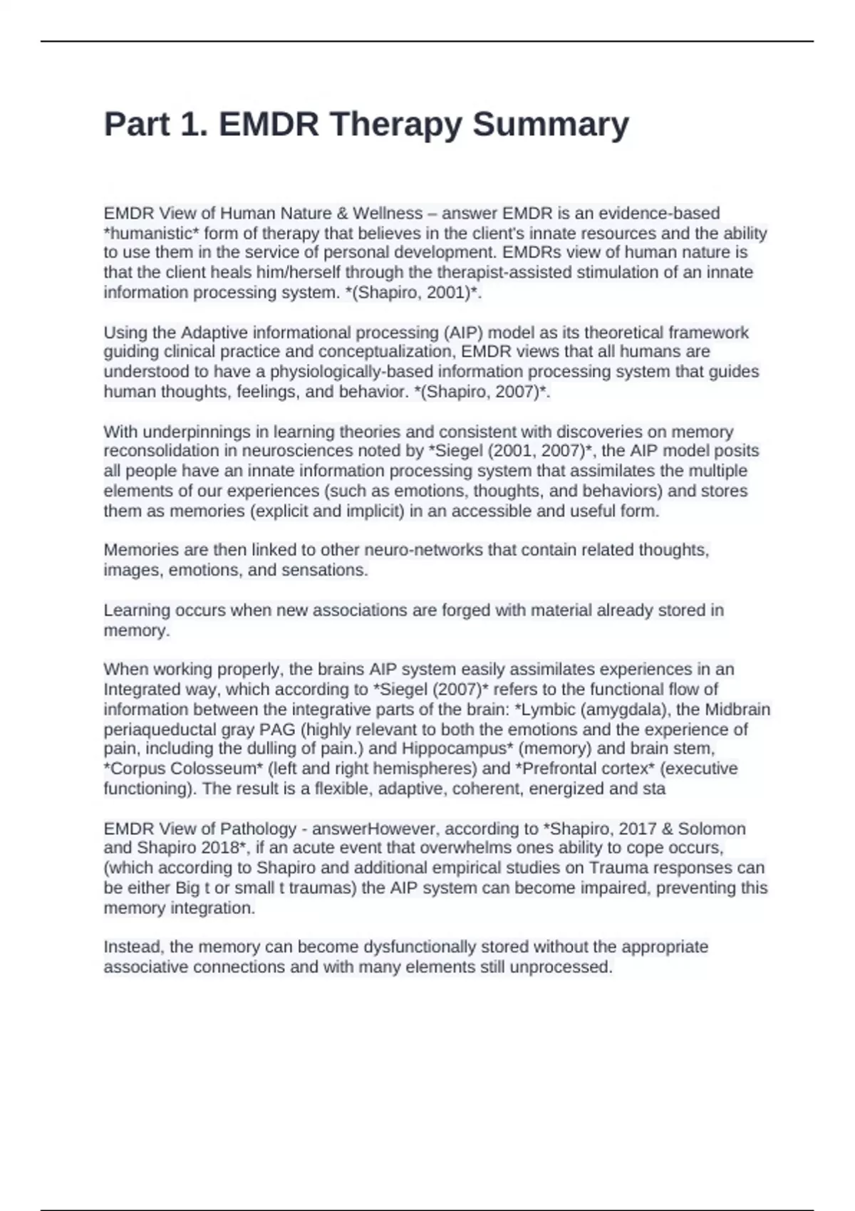 Part 1. EMDR Therapy Summary Questions with Correct Answers - EMDR ...