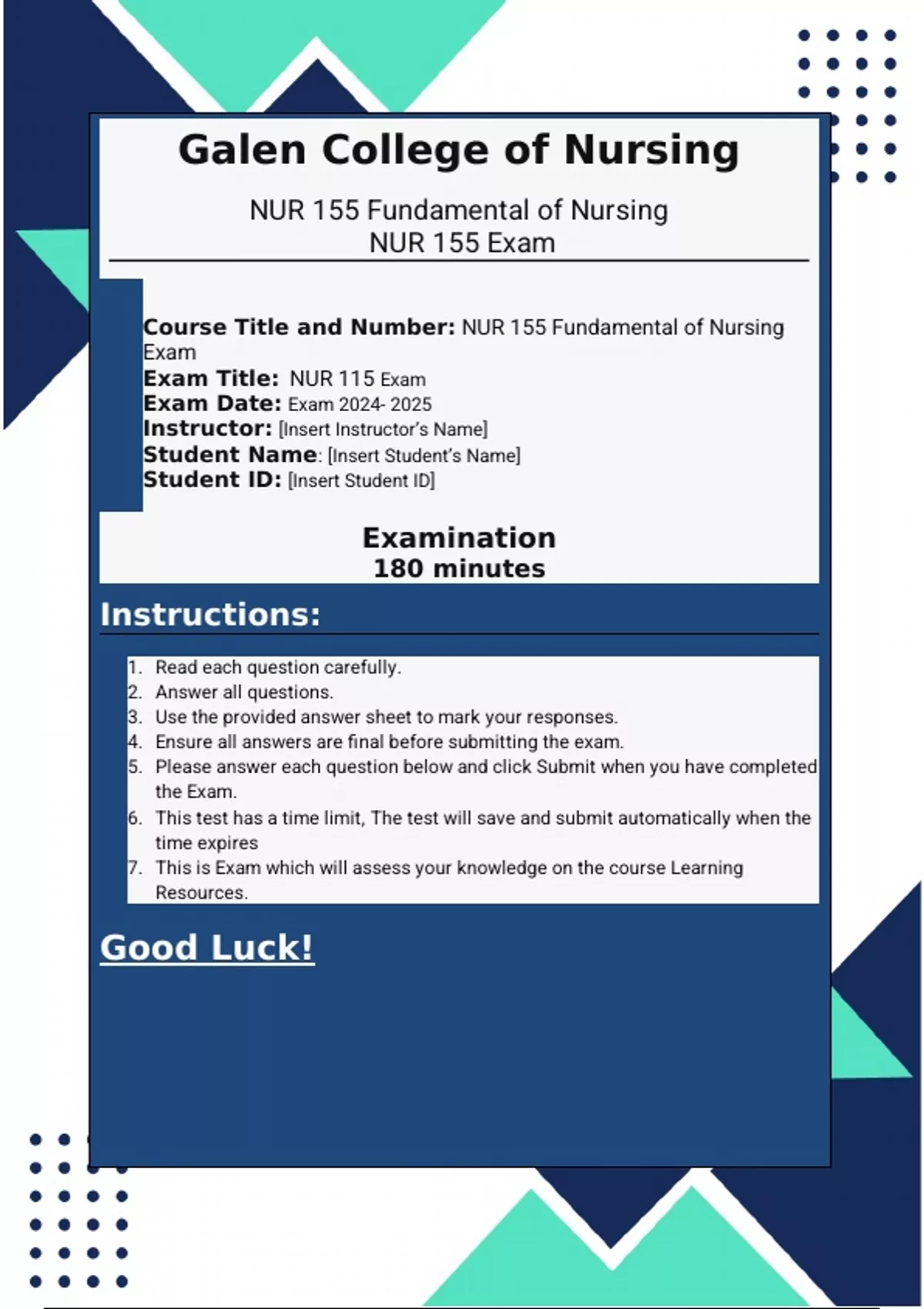 NUR 155 Fundamental of Nursing Galen College of Nursing NUR 155 Exam 4 ...