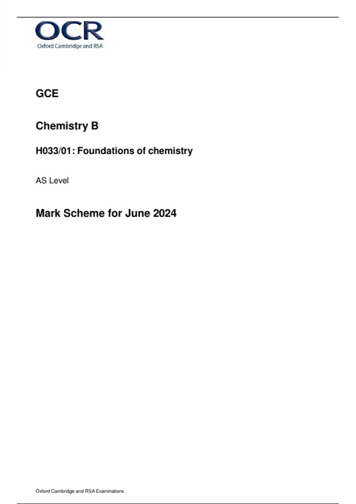 2024 OXFORD CAMBRIDGE AND RSA GCE Chemistry B H033/01: Foundations of ...