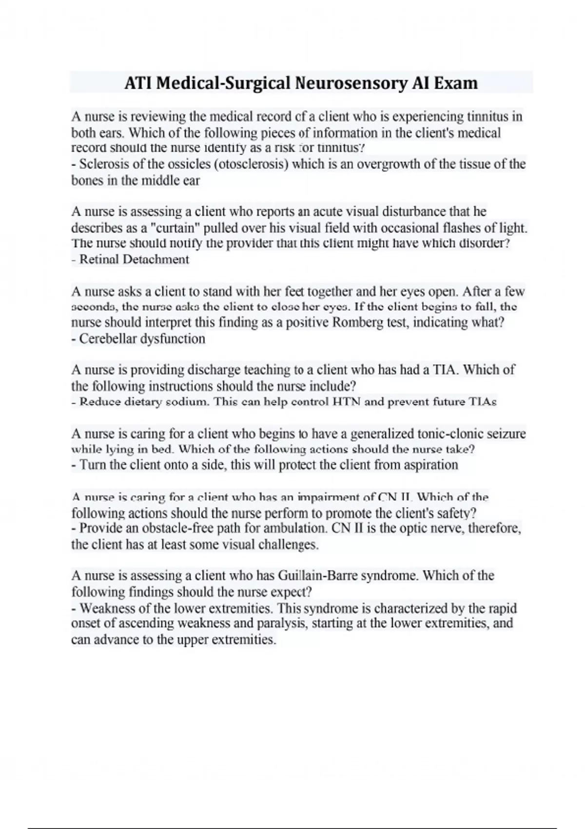 ATI Medical-Surgical Neurosensory AI Exam - PSY 355 - Stuvia US