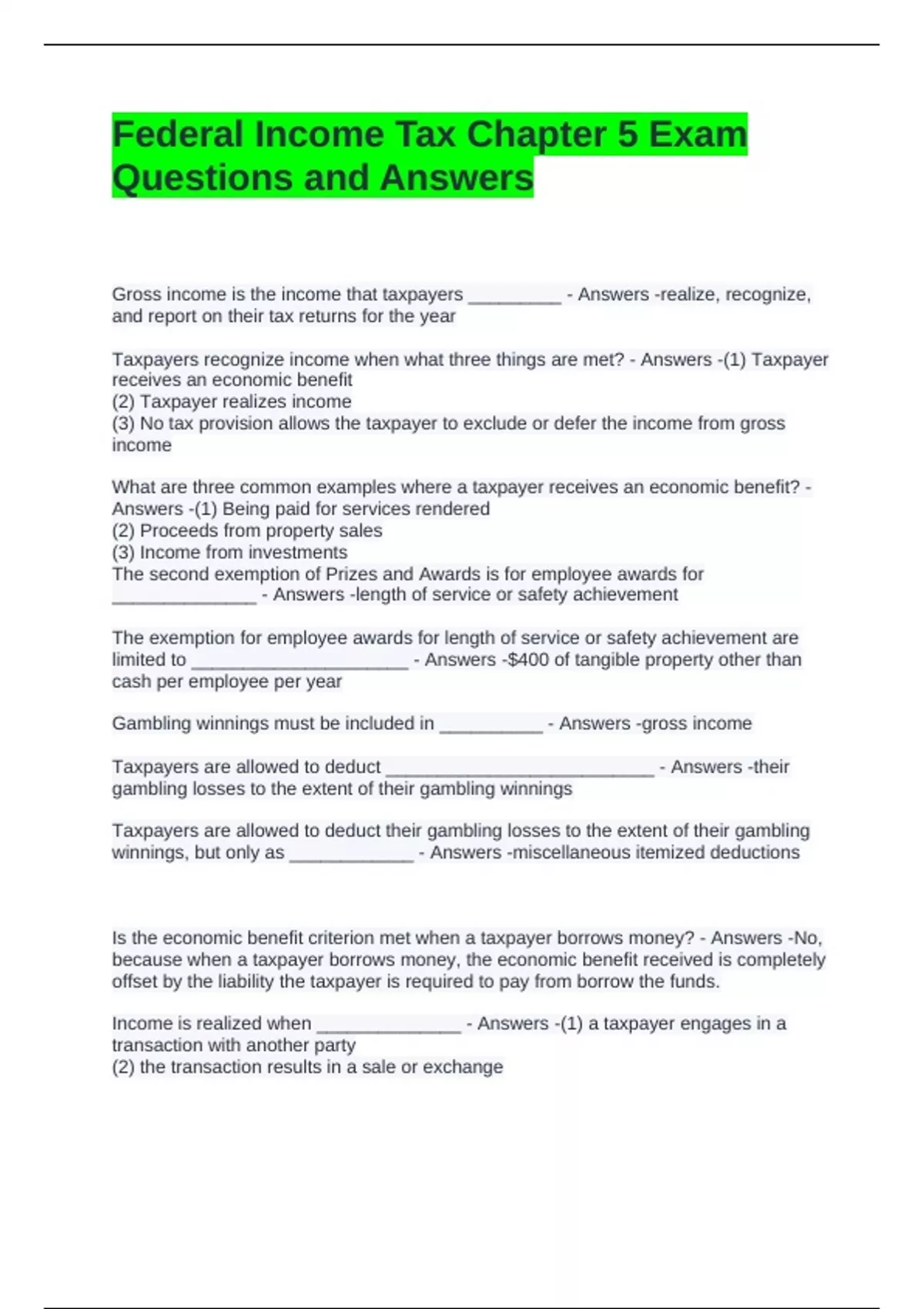 Federal Income Tax Chapter 5 Exam Questions And Answers Federal