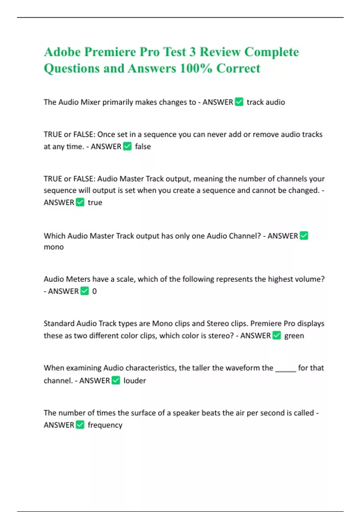 Adobe Premiere Pro Test 3 Review Complete Questions and Answers 100% ...