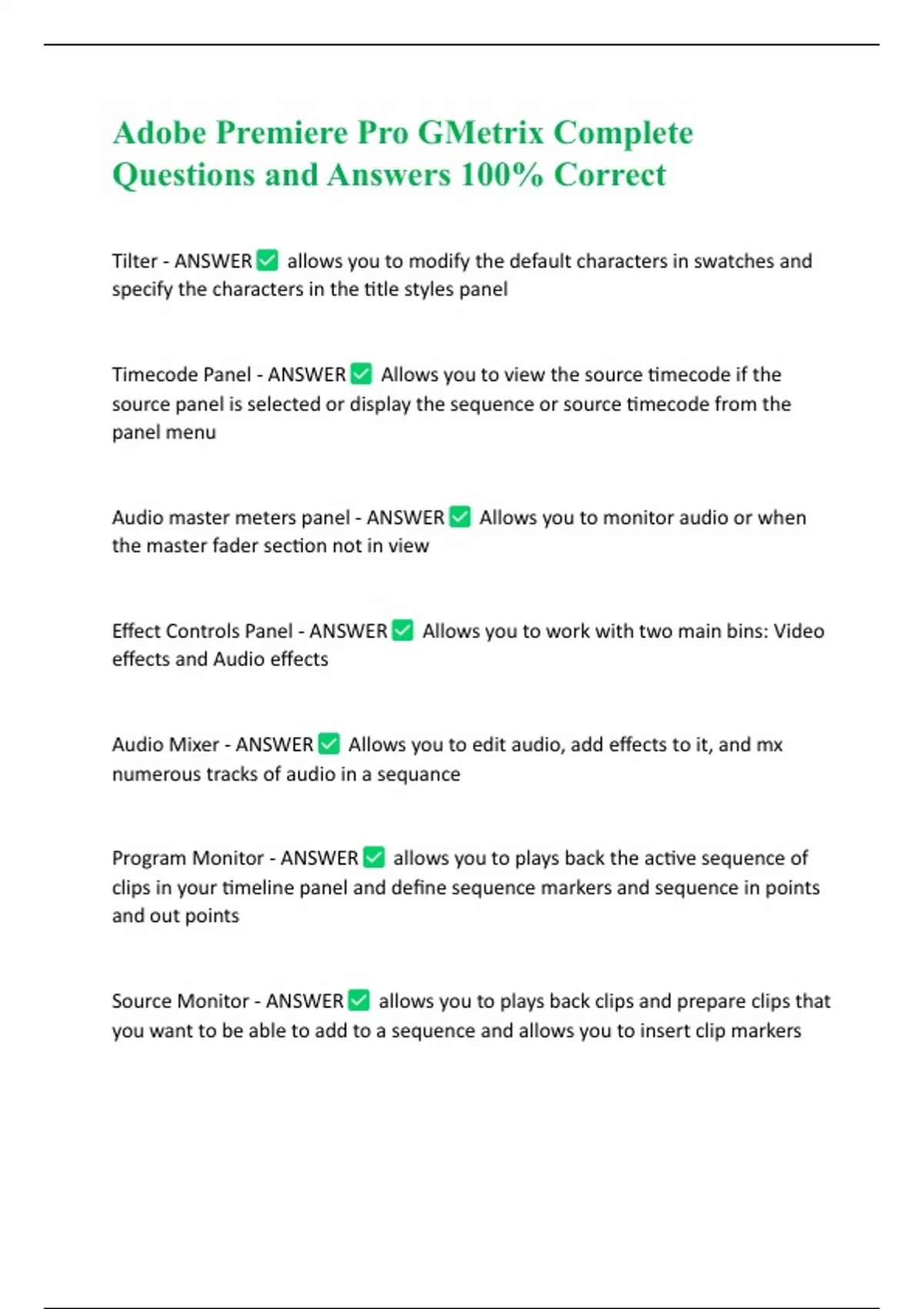 Adobe Premiere Pro GMetrix Complete Questions and Answers 100% Correct ...