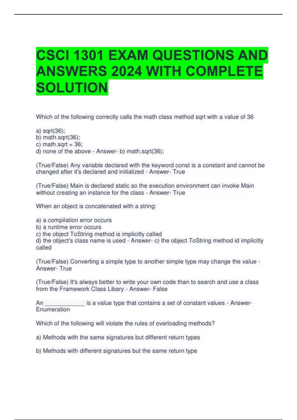 CSCI 1301 EXAM QUESTIONS AND ANSWERS 2024 WITH COMPLETE SOLUTION - CSCI 1301 - Stuvia US