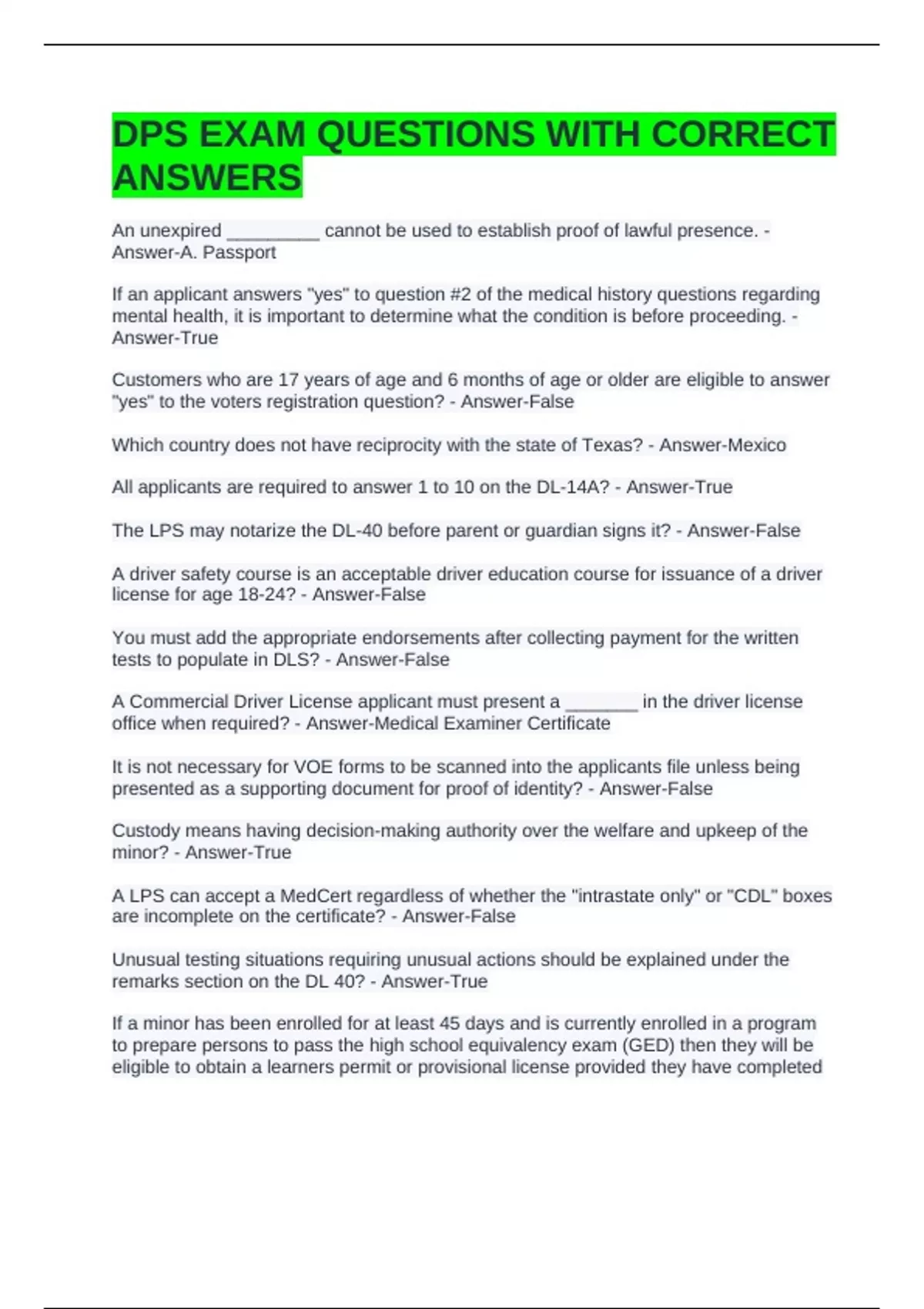 DPS EXAM QUESTIONS WITH CORRECT ANSWERS - DPS - Stuvia US