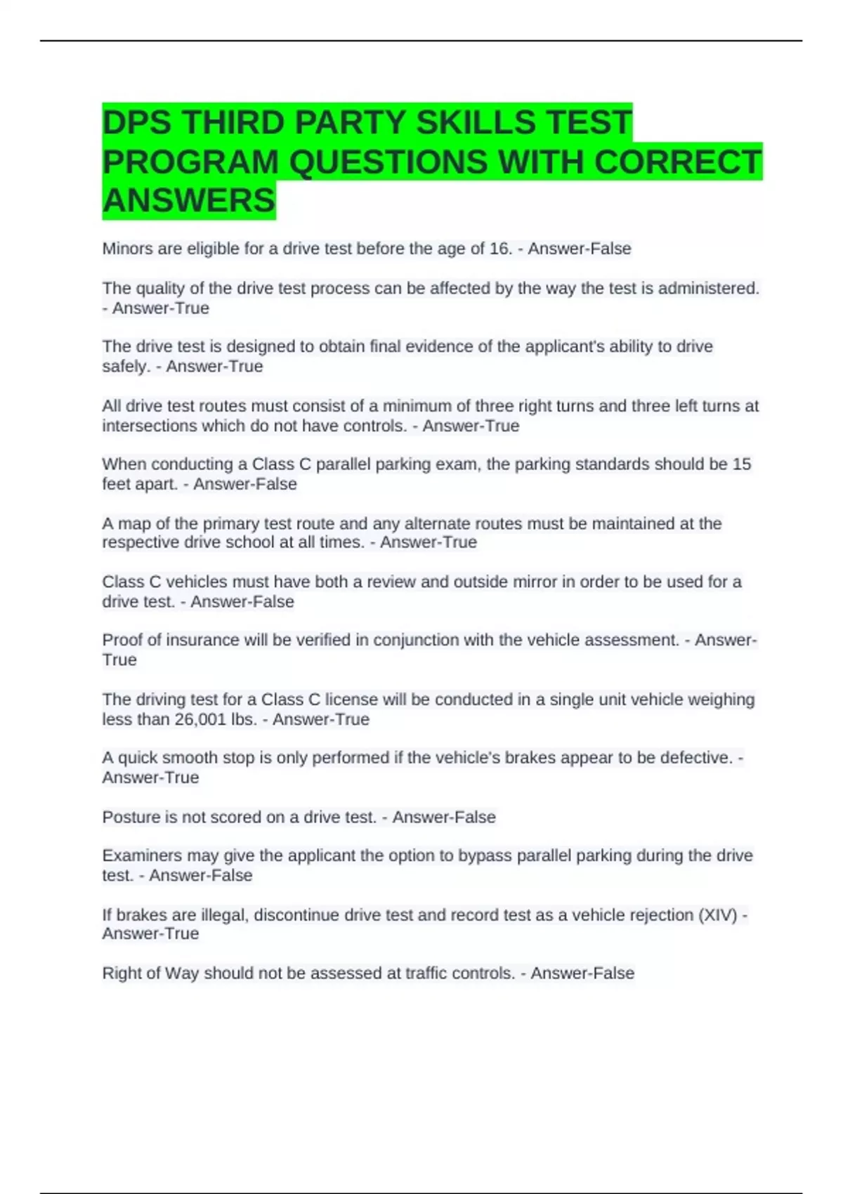 DPS THIRD PARTY SKILLS TEST PROGRAM QUESTIONS WITH CORRECT ANSWERS ...