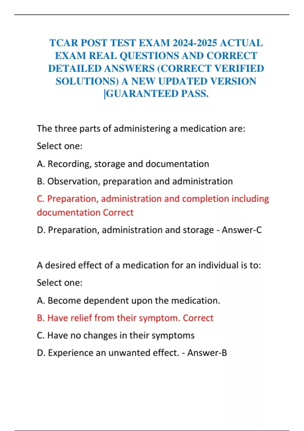 TCAR POST TEST EXAM ACTUAL EXAM REAL QUESTIONS AND CORRECT DETAILED ...