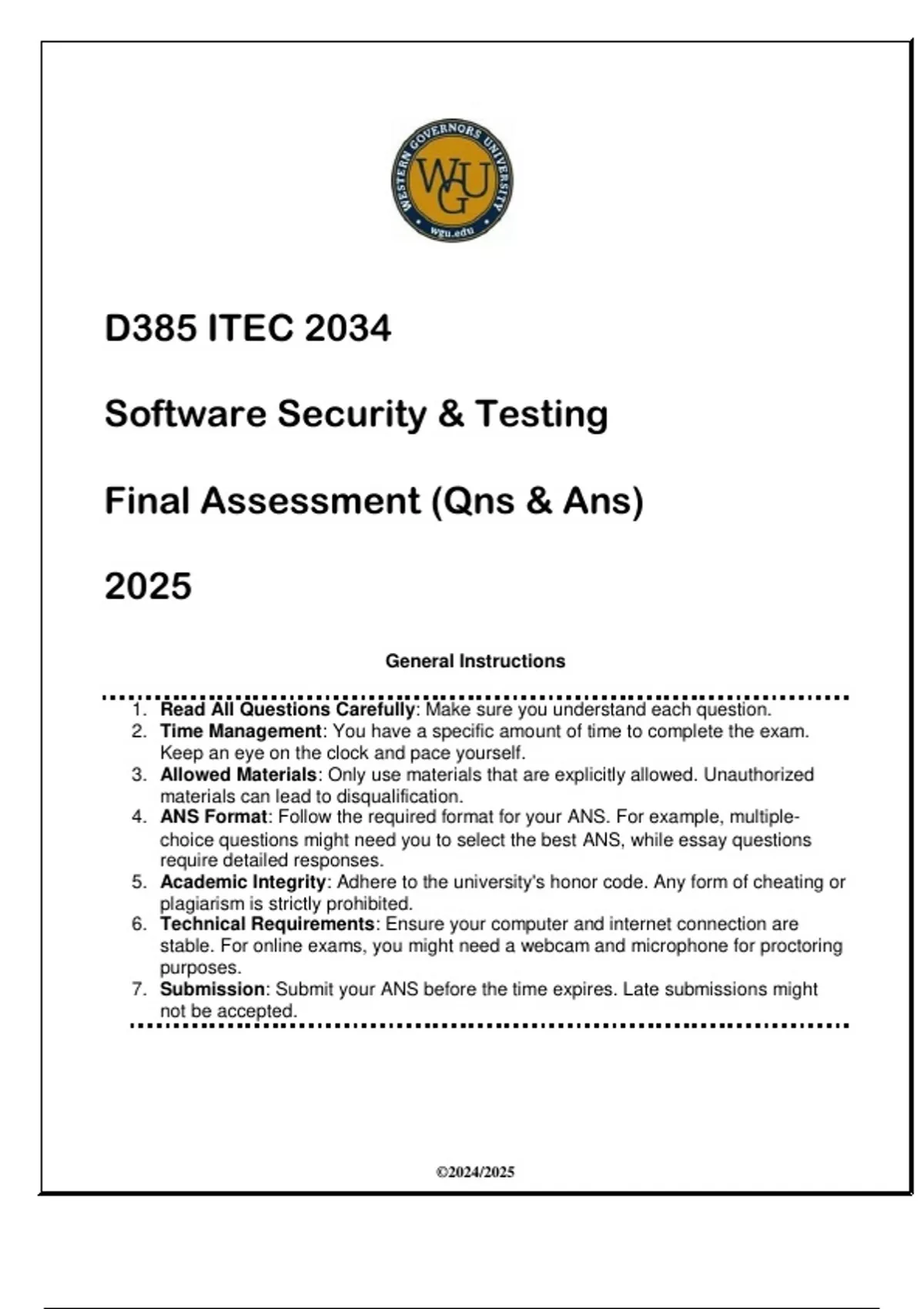 (WGU D385) ITEC 2034 Software Security & Testing Final Assessment ( Qns ...
